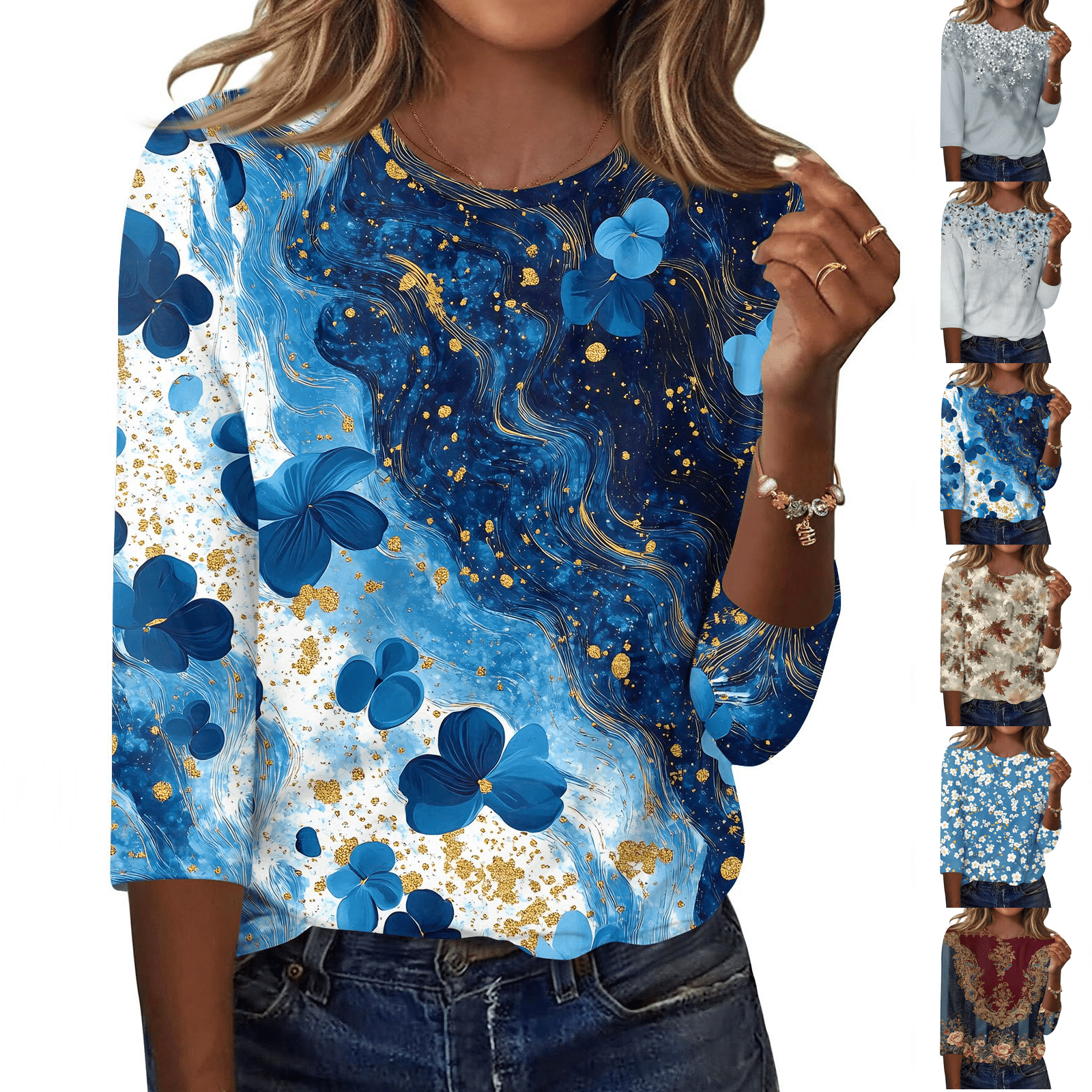 3/4 Length Sleeve Womens Tops Casual Round Neck Pleated Top Boho Floral ...