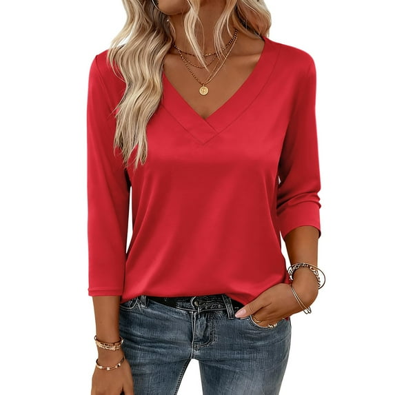 3/4 Length Sleeve Womens Tops Casual V Neck Basic T Shirts Summer ...