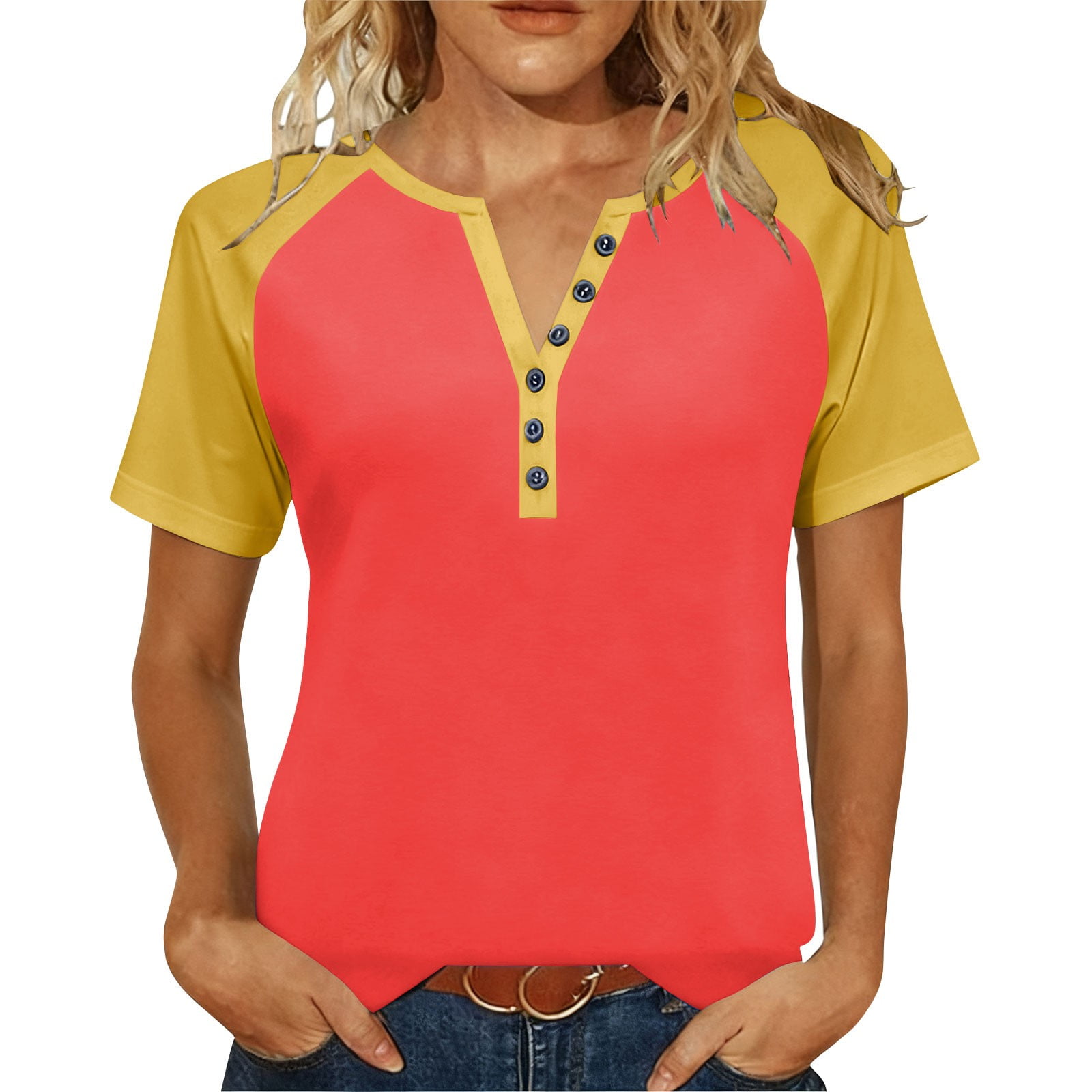 3/4 Length Sleeve Womens Tops Color Block Button V-Neck Henley Raglan ...