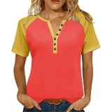 3/4 Length Sleeve Womens Tops Color Block Button V-Neck Henley Raglan ...