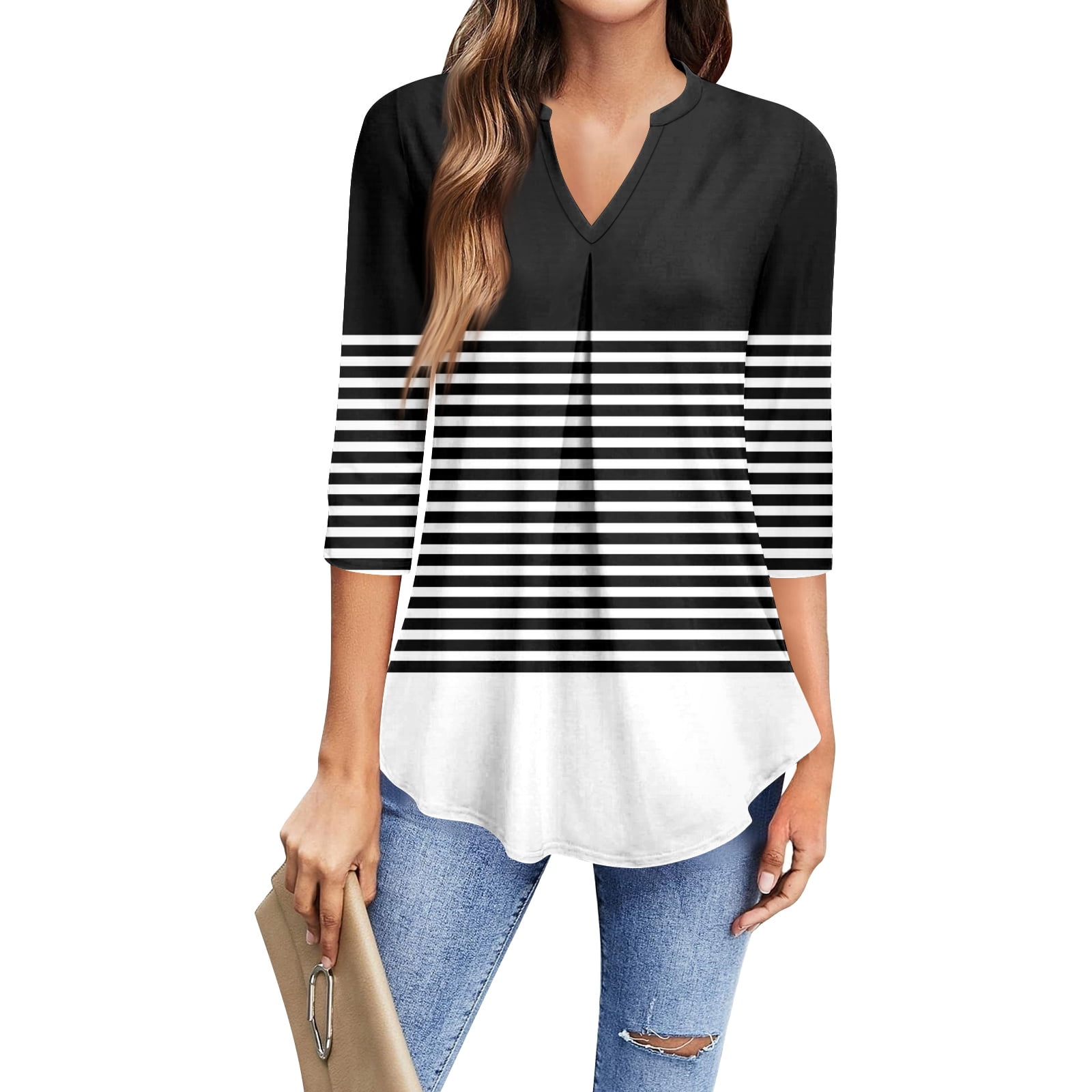 3/4 Length Sleeve Womens Tops Color Block Casual Lightweight V Neck T ...