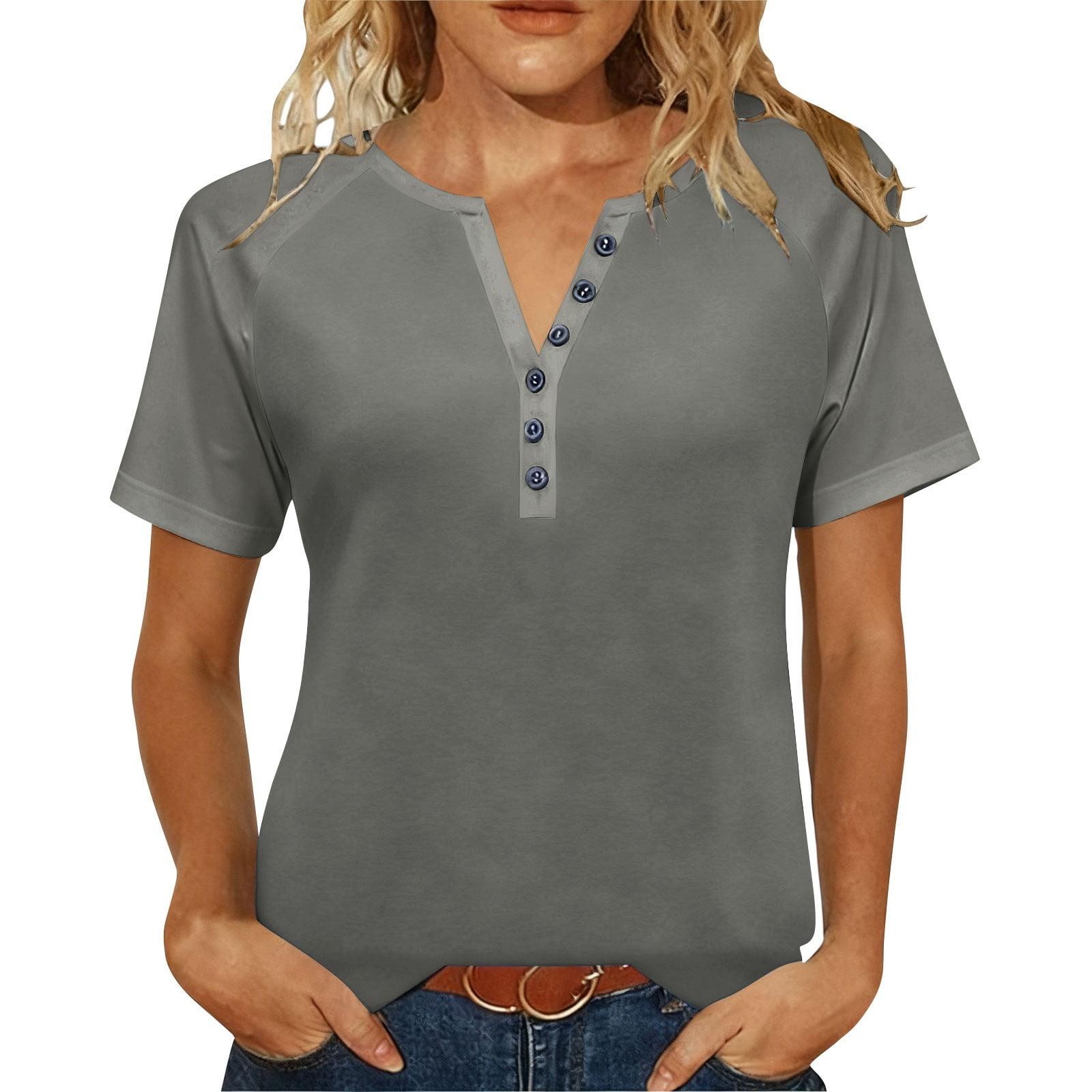 3/4 Length Sleeve Womens Tops Cotton Dressy Button V-Neck Henley Shirt ...