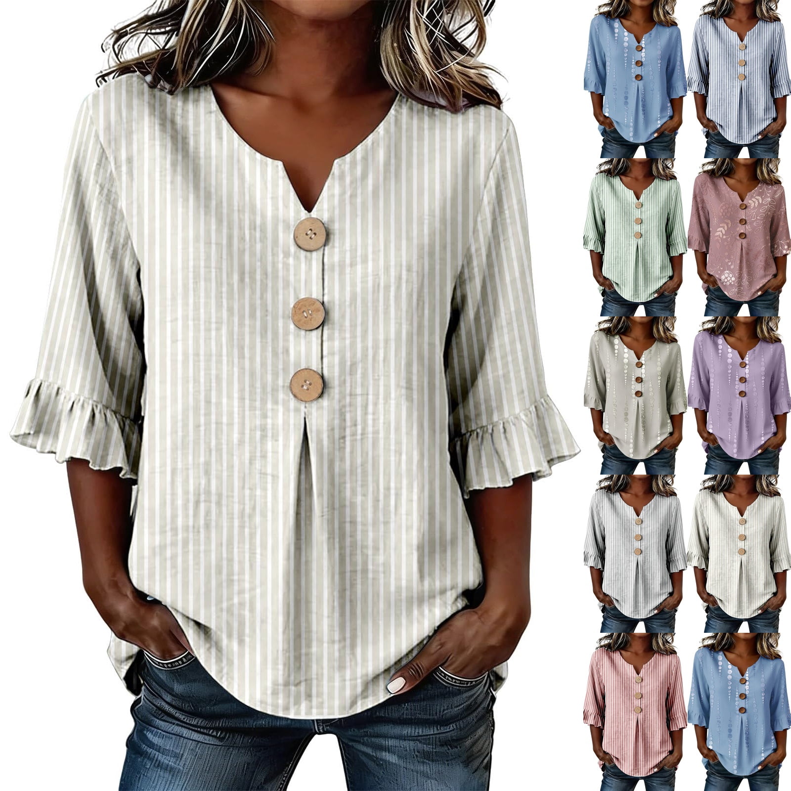 3/4 Length Sleeve Womens Tops Cotton Linen Boho Blouses Floral Print V ...