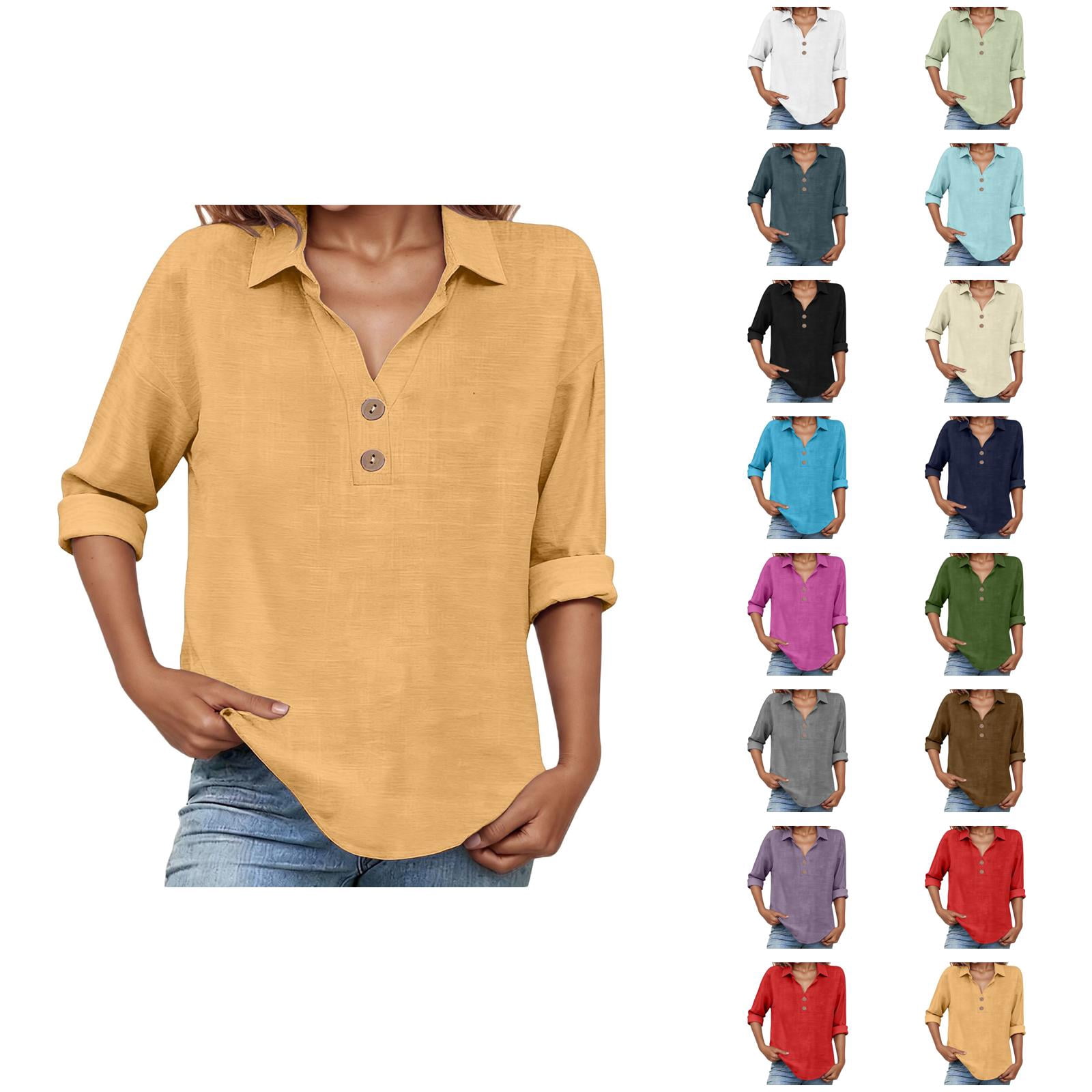 3/4 Length Sleeve Womens Tops Cotton Linen Roll Up Sleeve V Neck Lapel ...
