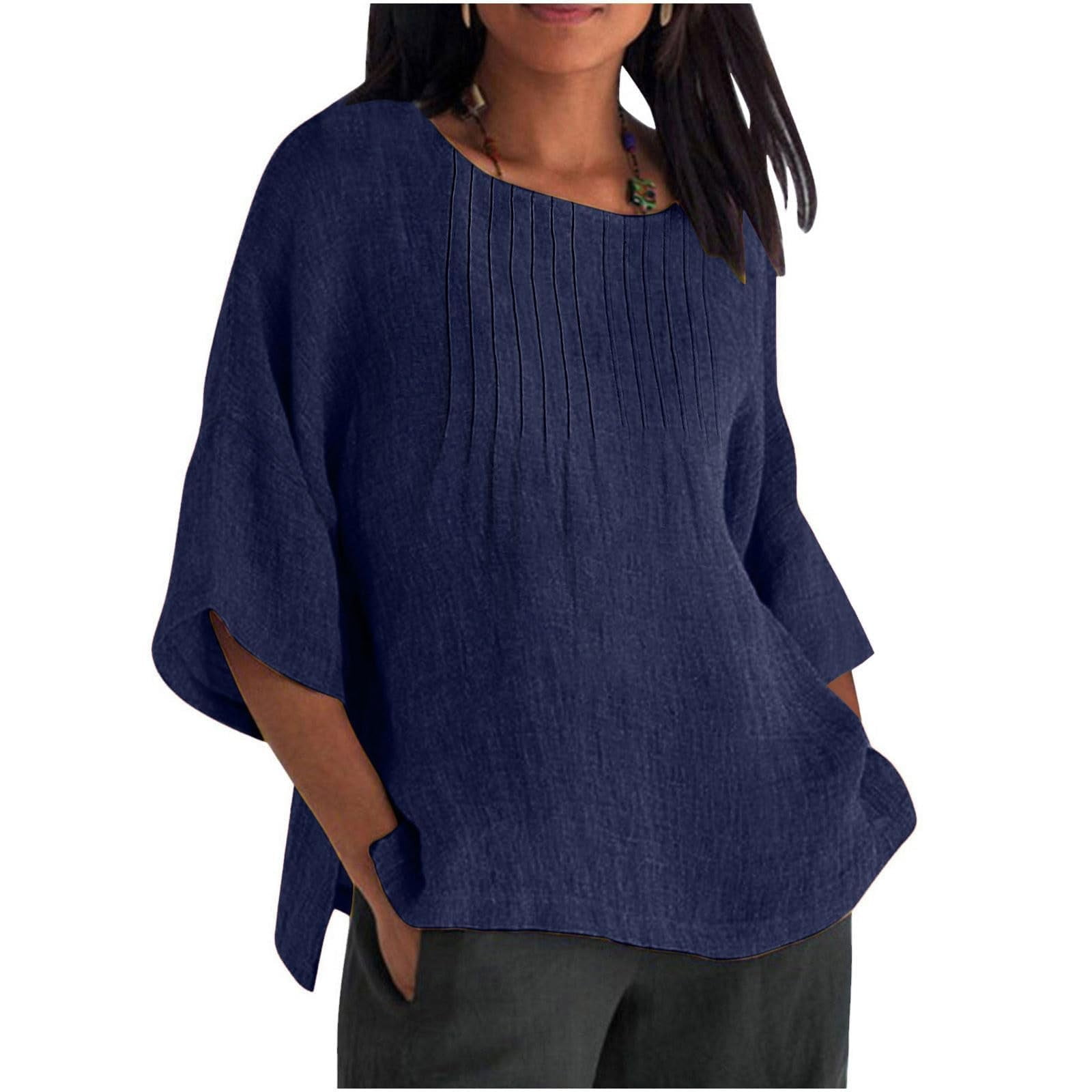 3/4 Length Sleeve Womens Tops Cotton Linen Tops Round Neck Soft ...