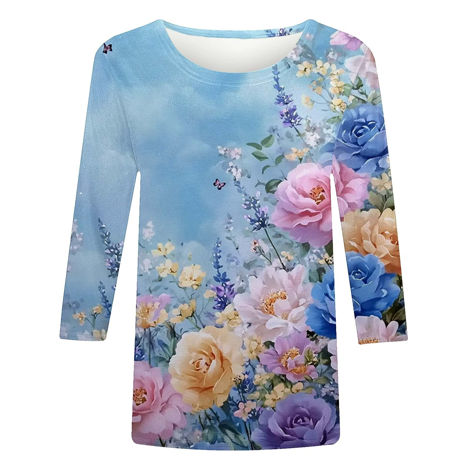 3/4 Length Sleeve Womens Tops Cotton Only, Womens Tops Plus Size Long ...