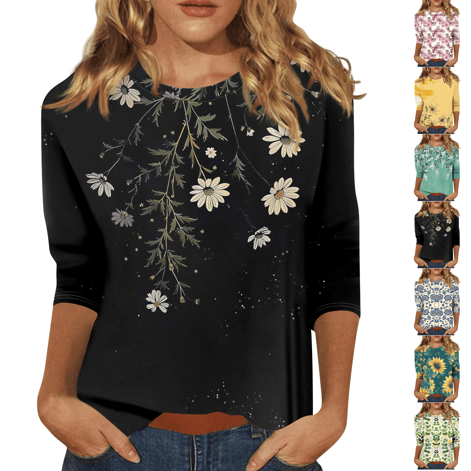 3/4 Length Sleeve Womens Tops Crew Neck Boho Floral Print Shirts Casual ...