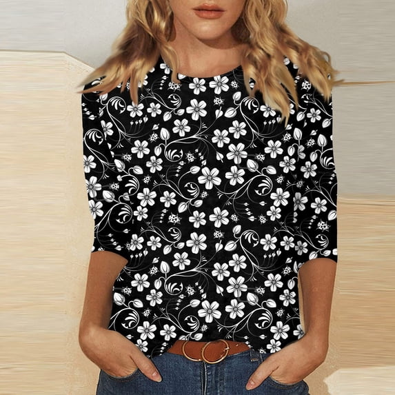 3/4 Length Sleeve Womens Tops Crew Neck Loose Fit Shirts Pleated Cute ...