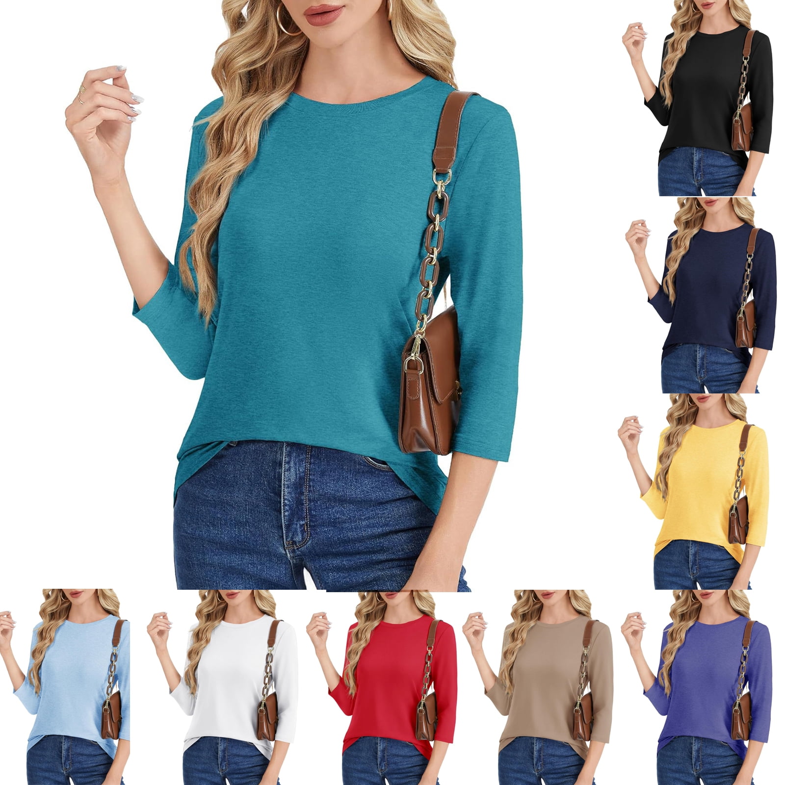 3/4 Length Sleeve Womens Tops - Crew Neck T Shirts Casual Blouses Loose ...