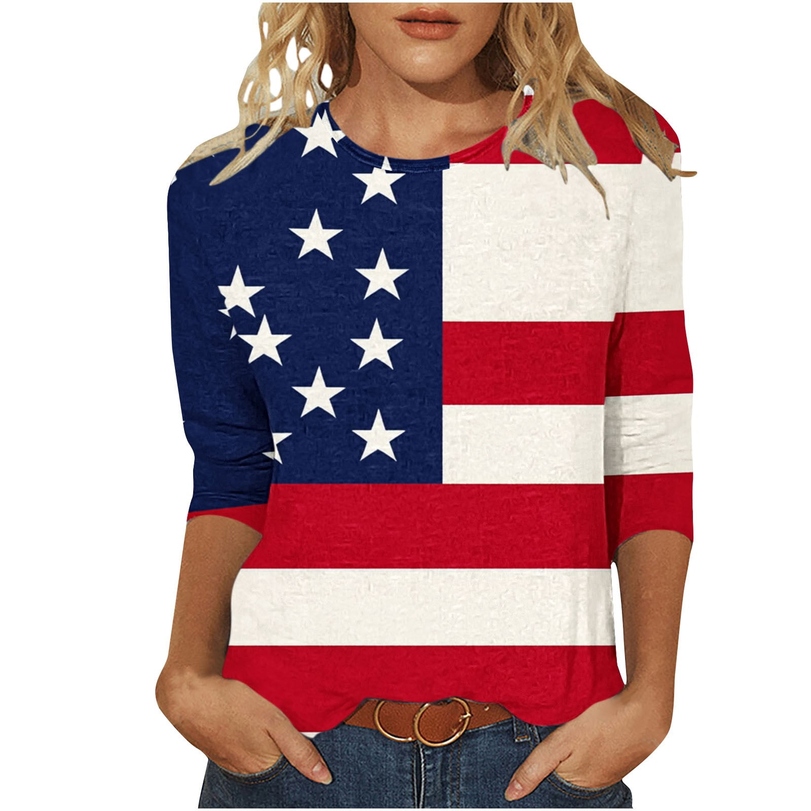 3/4 Length Sleeve Womens Tops Crewneck Casual Work Blouses Summer Fall ...