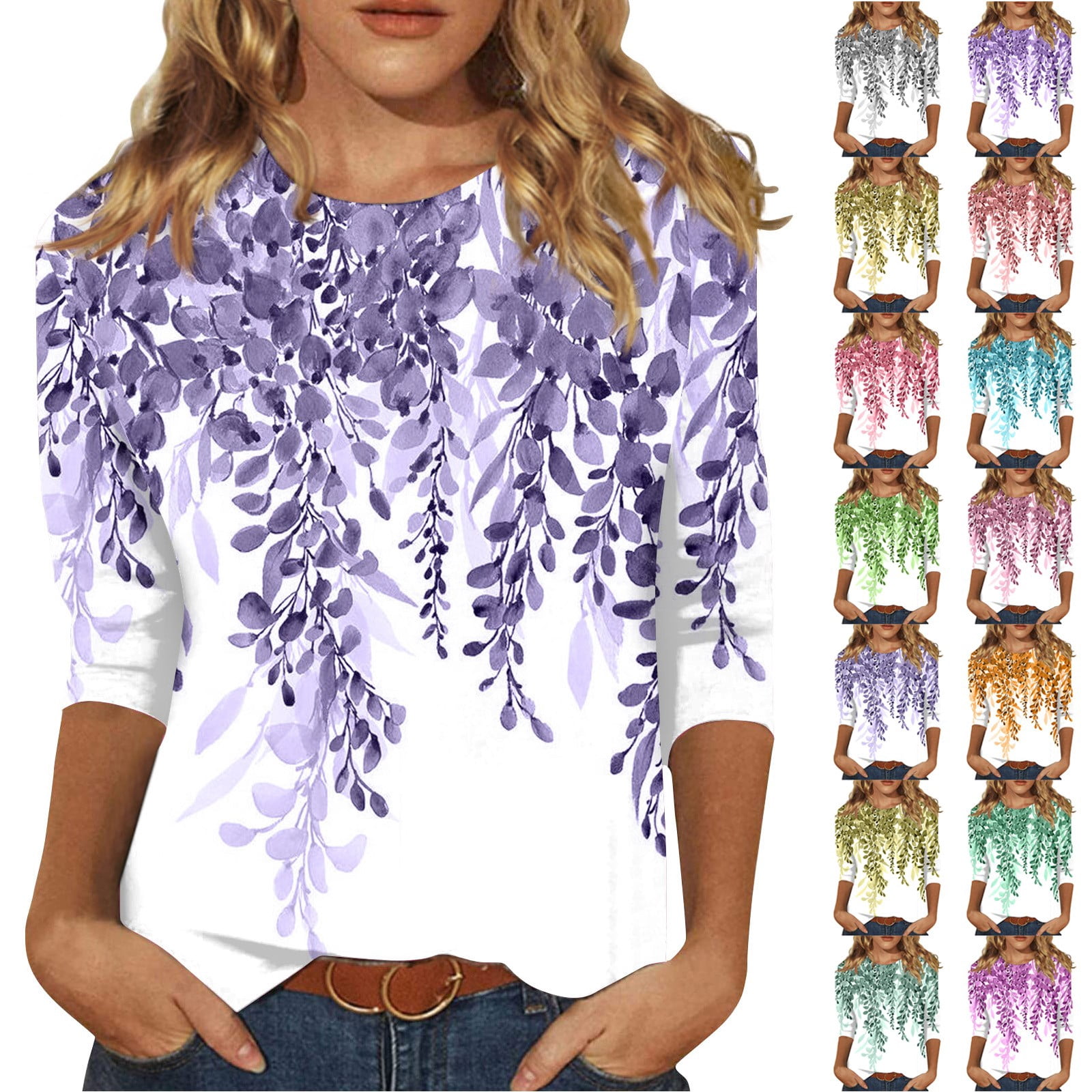 3/4 Length Sleeve Womens Tops Dressy Casual Blouses Crew Neck T Shirt ...