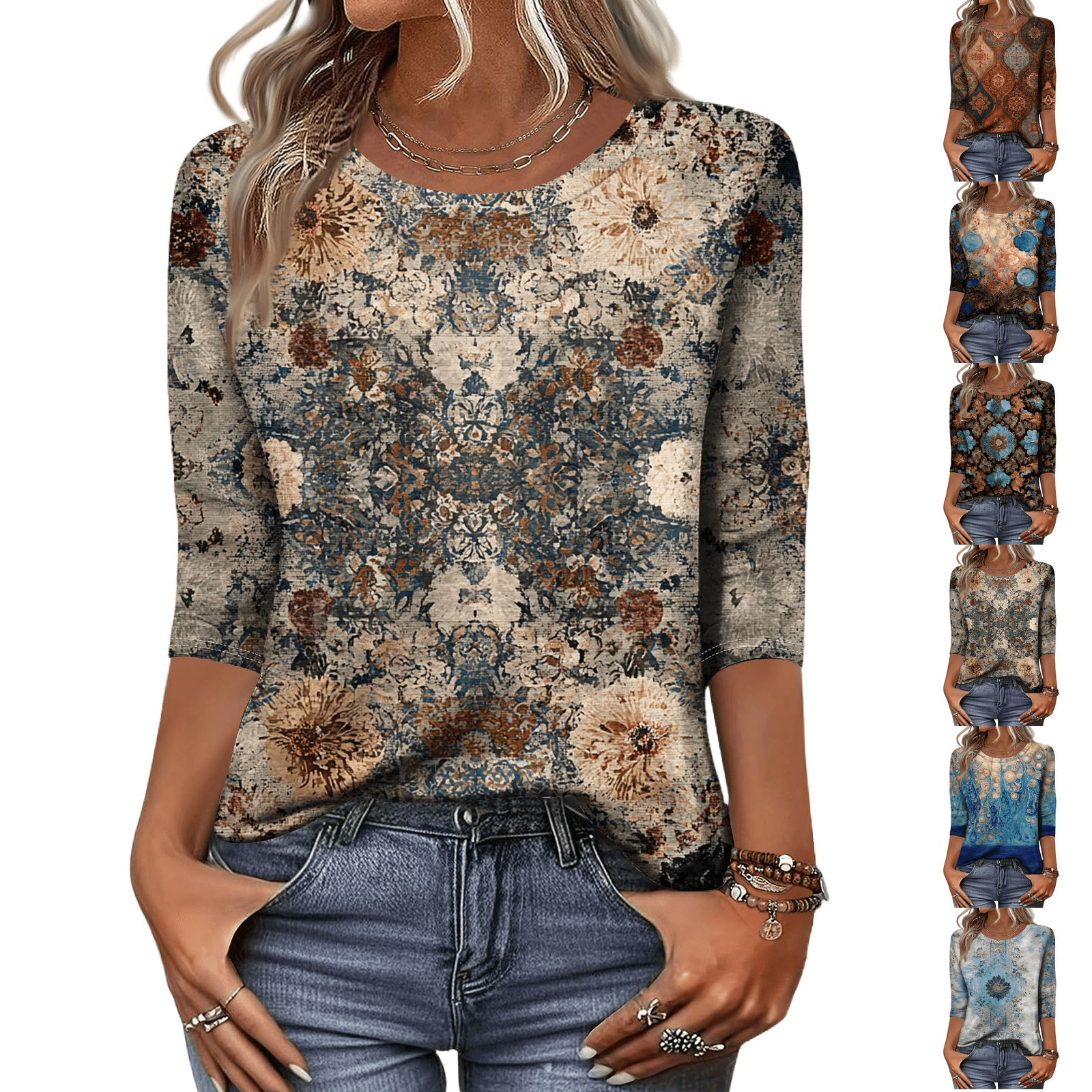 3/4 Length Sleeve Womens Tops Dressy Casual Blouses Floral Print ...