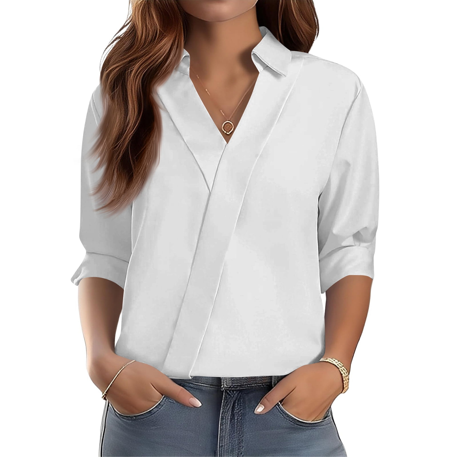 3/4 Length Sleeve Womens Tops Dressy V Neck Collared Shirts Trendy ...