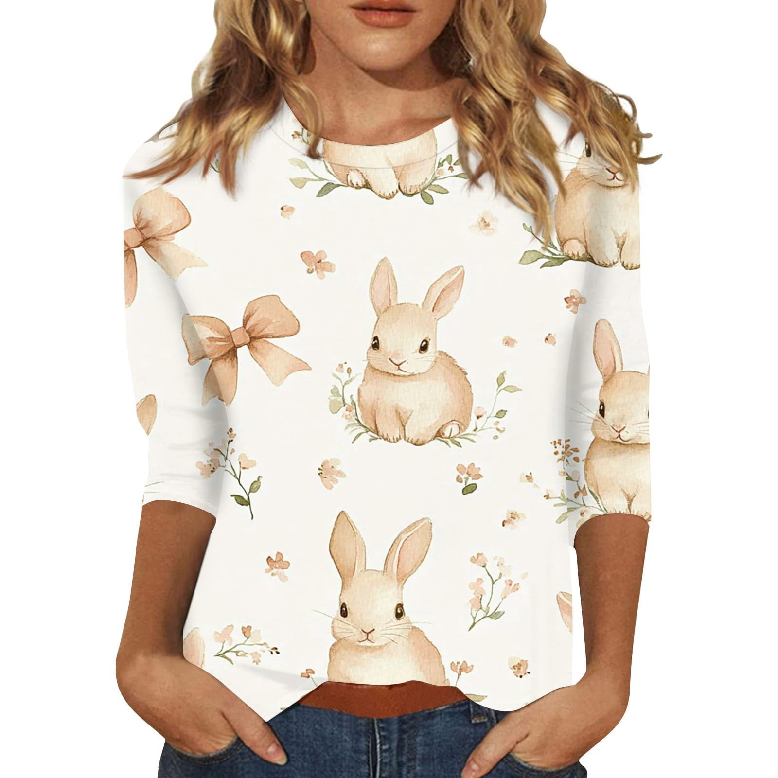 3/4 Length Sleeve Womens Tops Easter Egg Graphic Tees Cute Bunny ...