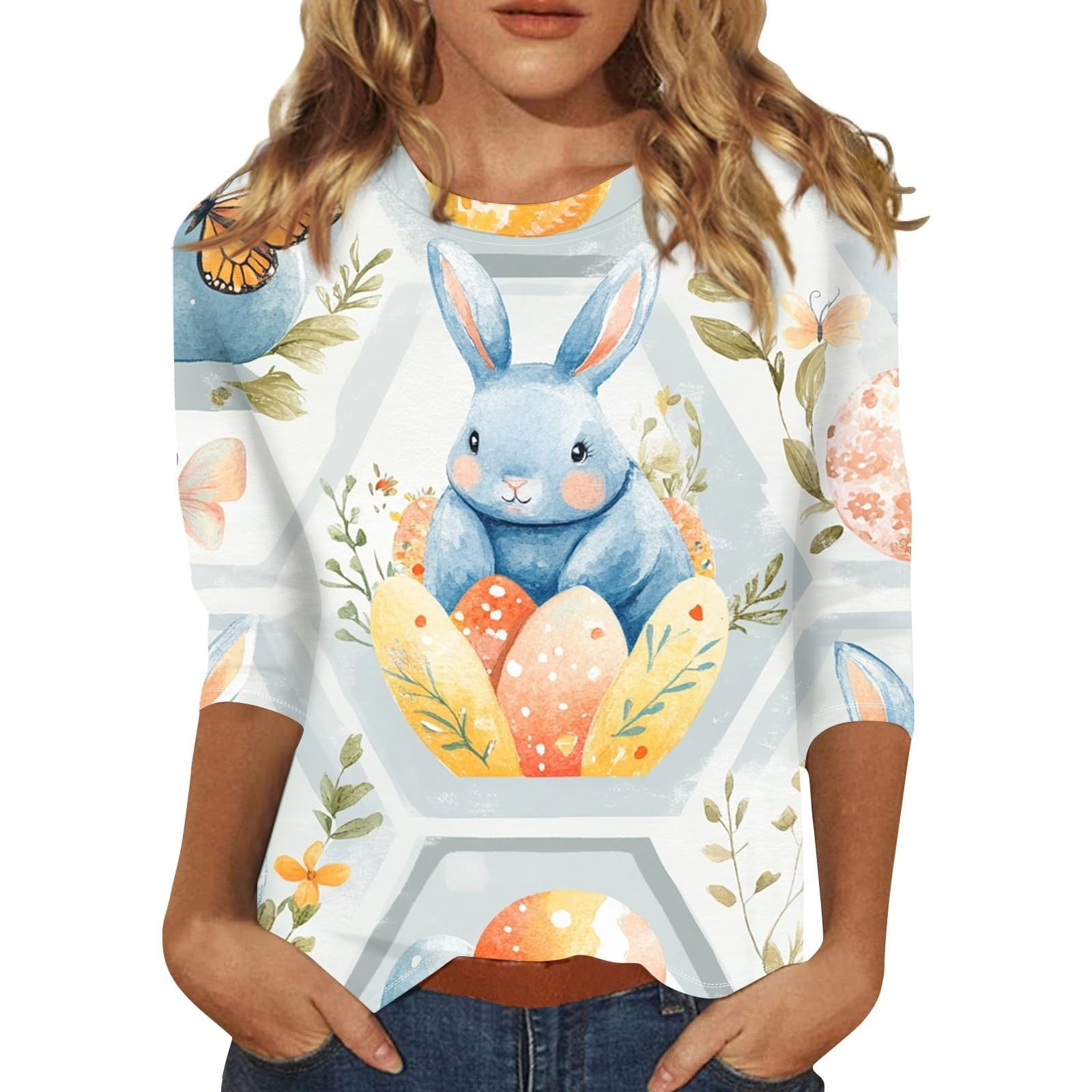 3/4 Length Sleeve Womens Tops Easter Egg Graphic Tees Cute Bunny ...
