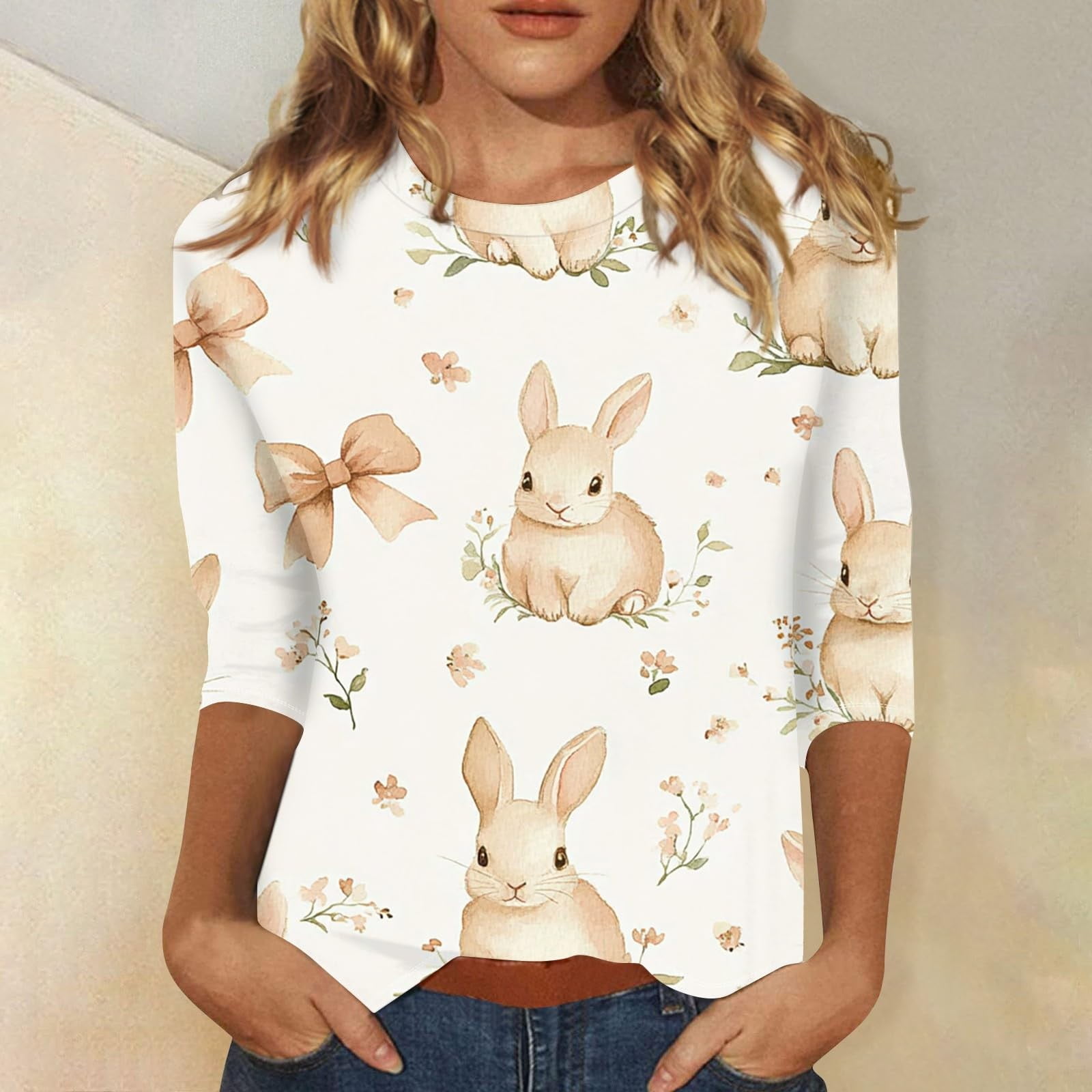3/4 Length Sleeve Womens Tops Easter Egg Graphic Tees Cute Bunny ...