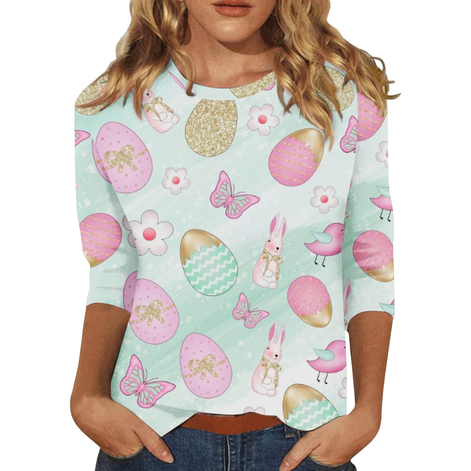 3/4 Length Sleeve Womens Tops Easter Egg Graphic Tees Cute Bunny ...