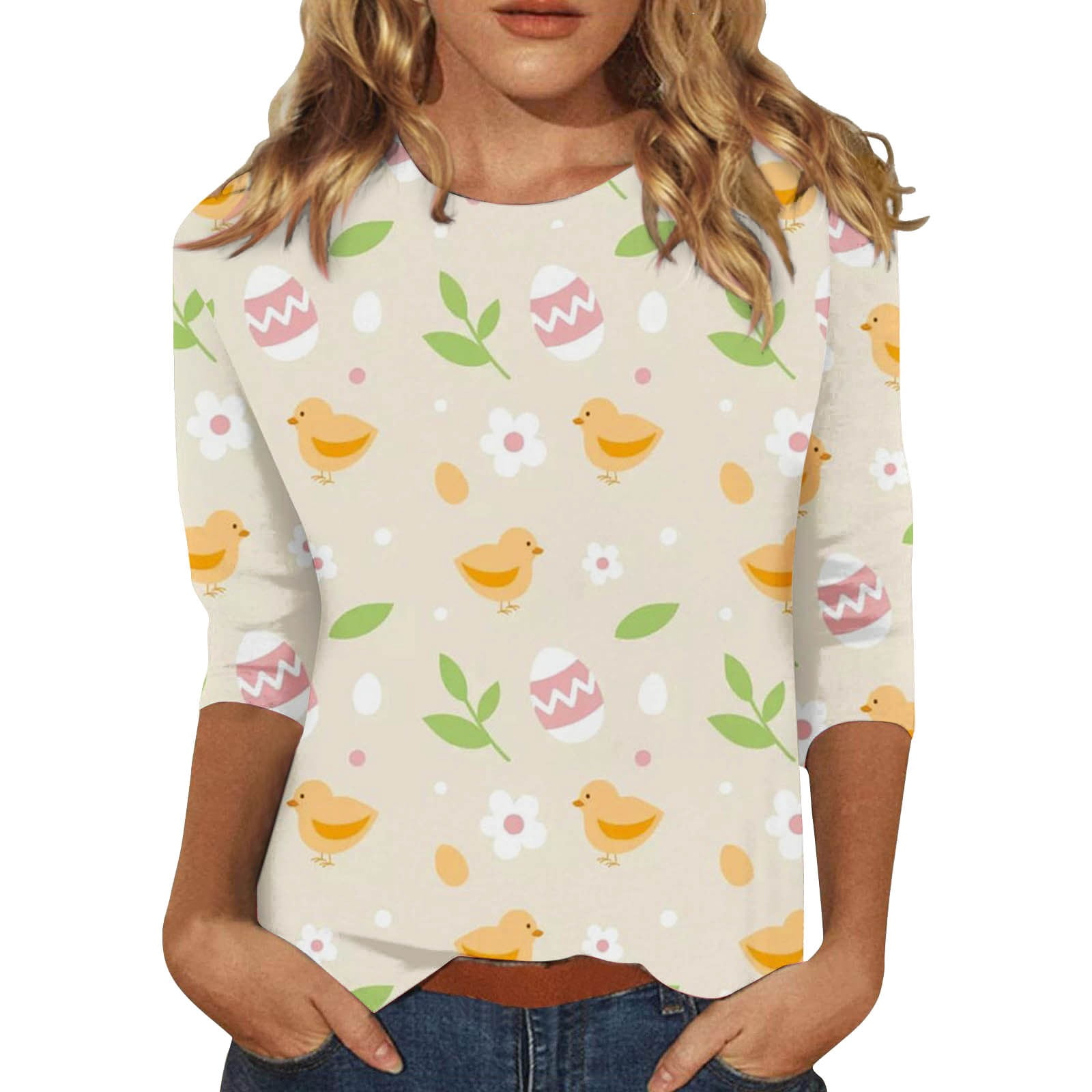 3/4 Length Sleeve Womens Tops Easter Egg Graphic Tees Cute Bunny ...