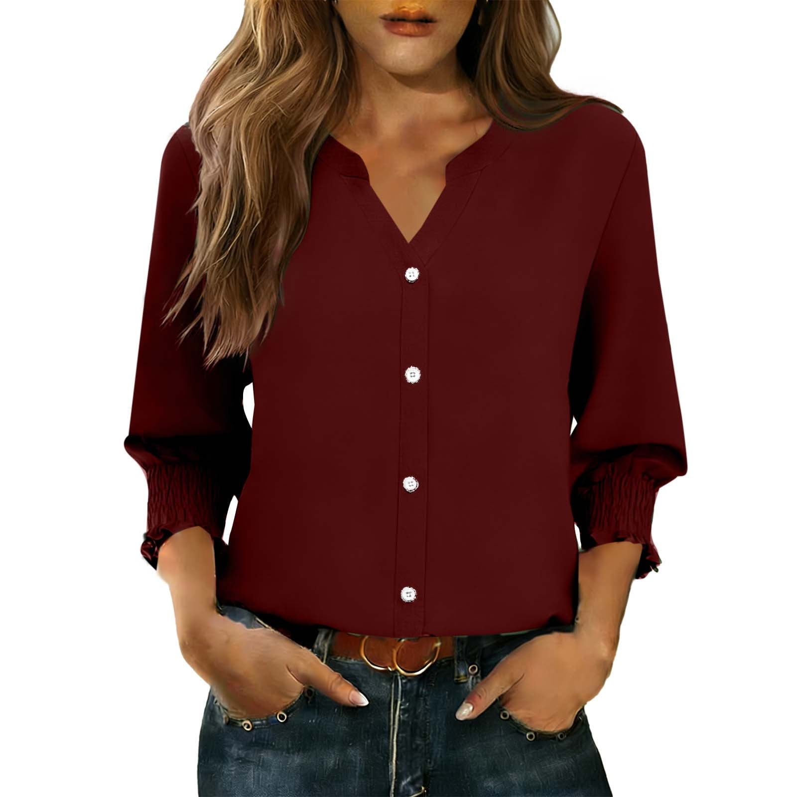 3/4 Length Sleeve Womens Tops Elegant Elastic Cuff Button Down Shirts ...