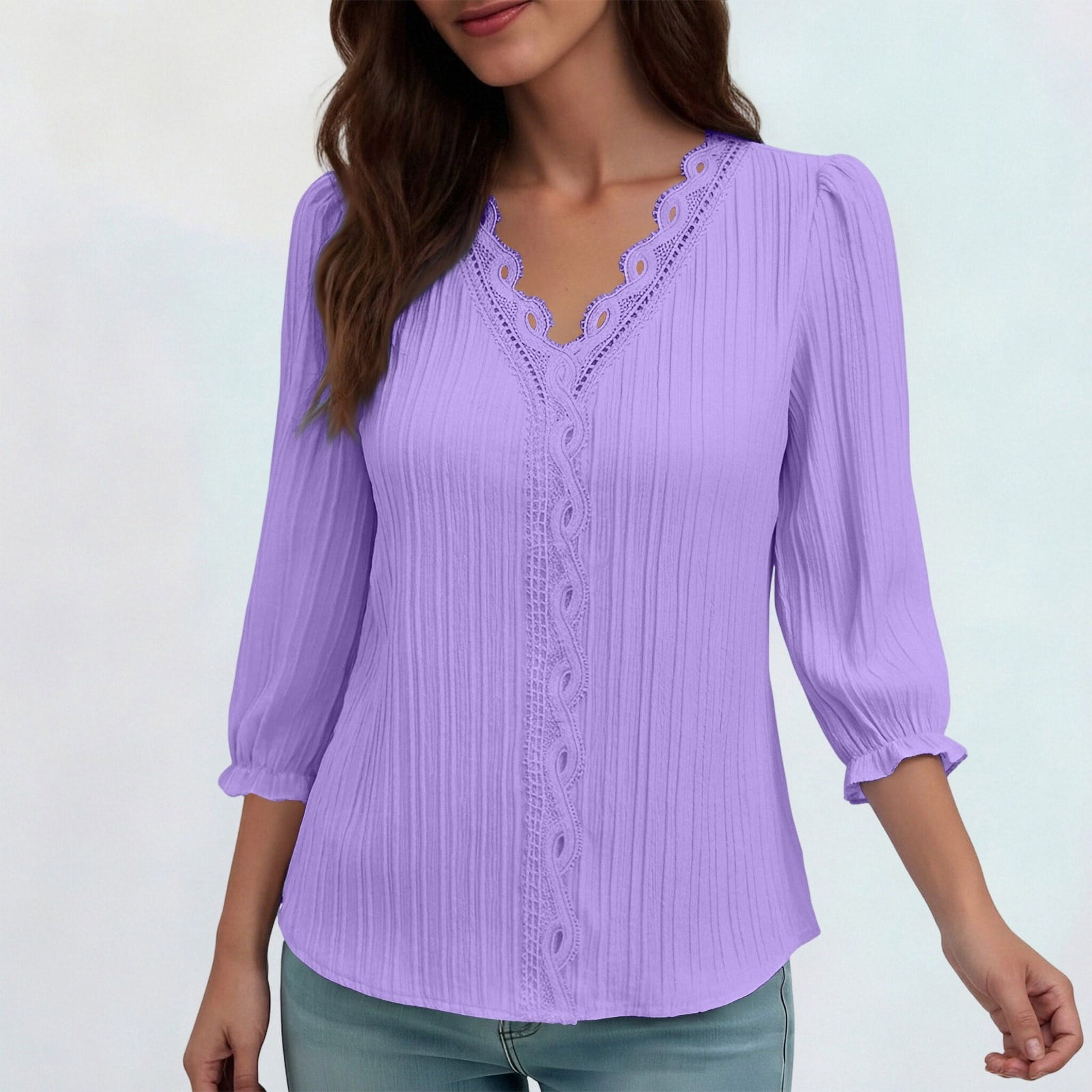 3/4 Length Sleeve Womens Tops Fashion Solid Color V Neck Casual T Shirt ...