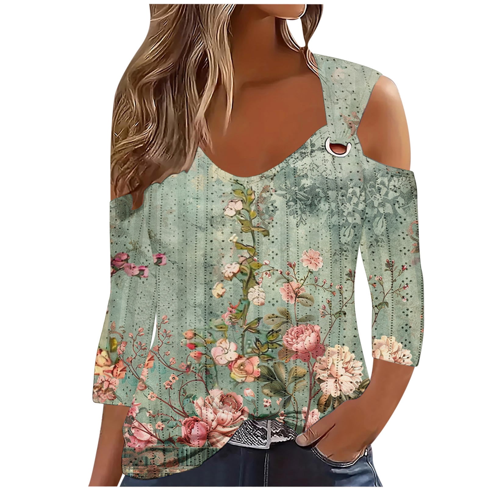 3/4 Length Sleeve Womens Tops Fitted Black, Womens Tops Plus Size Linen ...