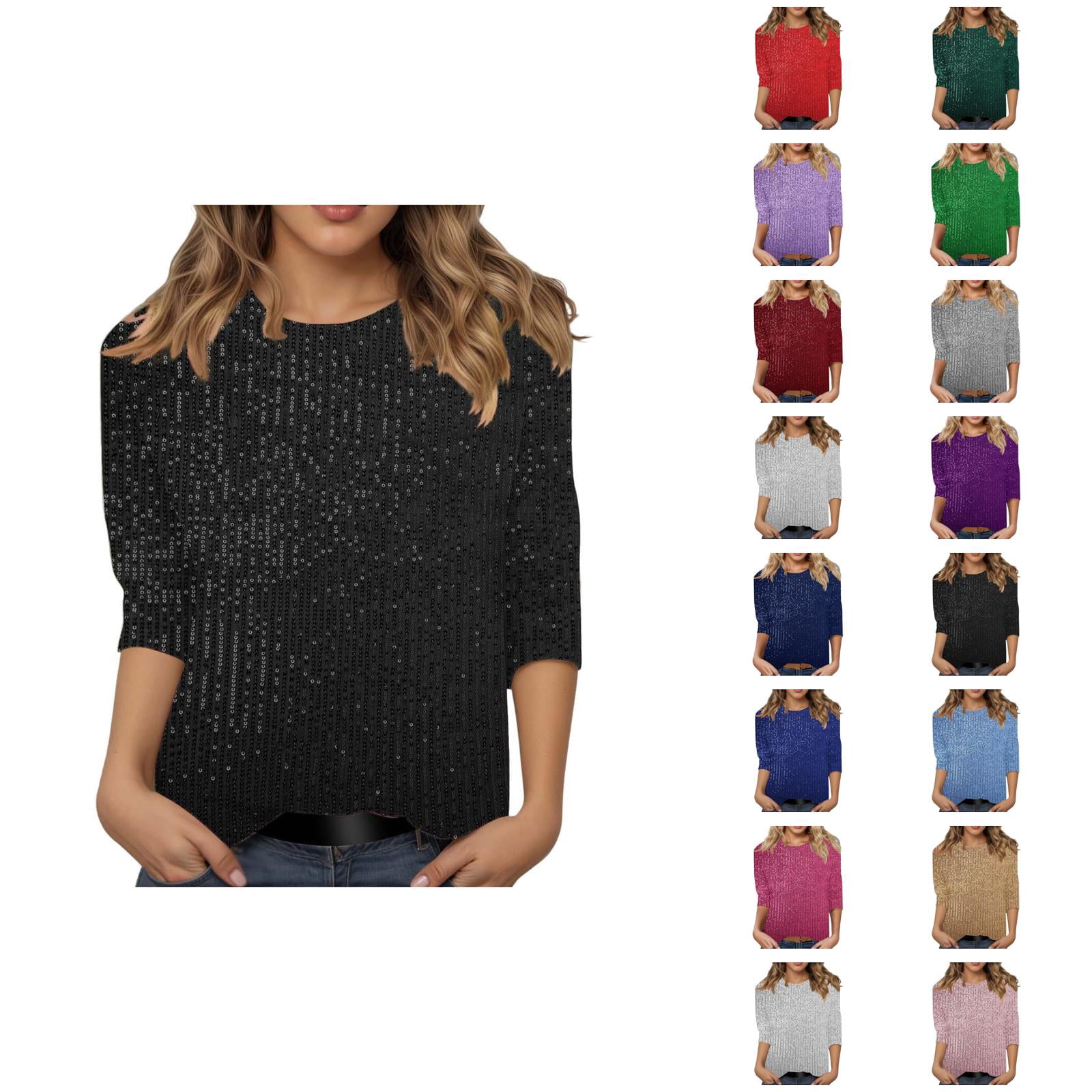 3/4 Length Sleeve Womens Tops Glitter Sequin Crewneck Relaxed Fit ...