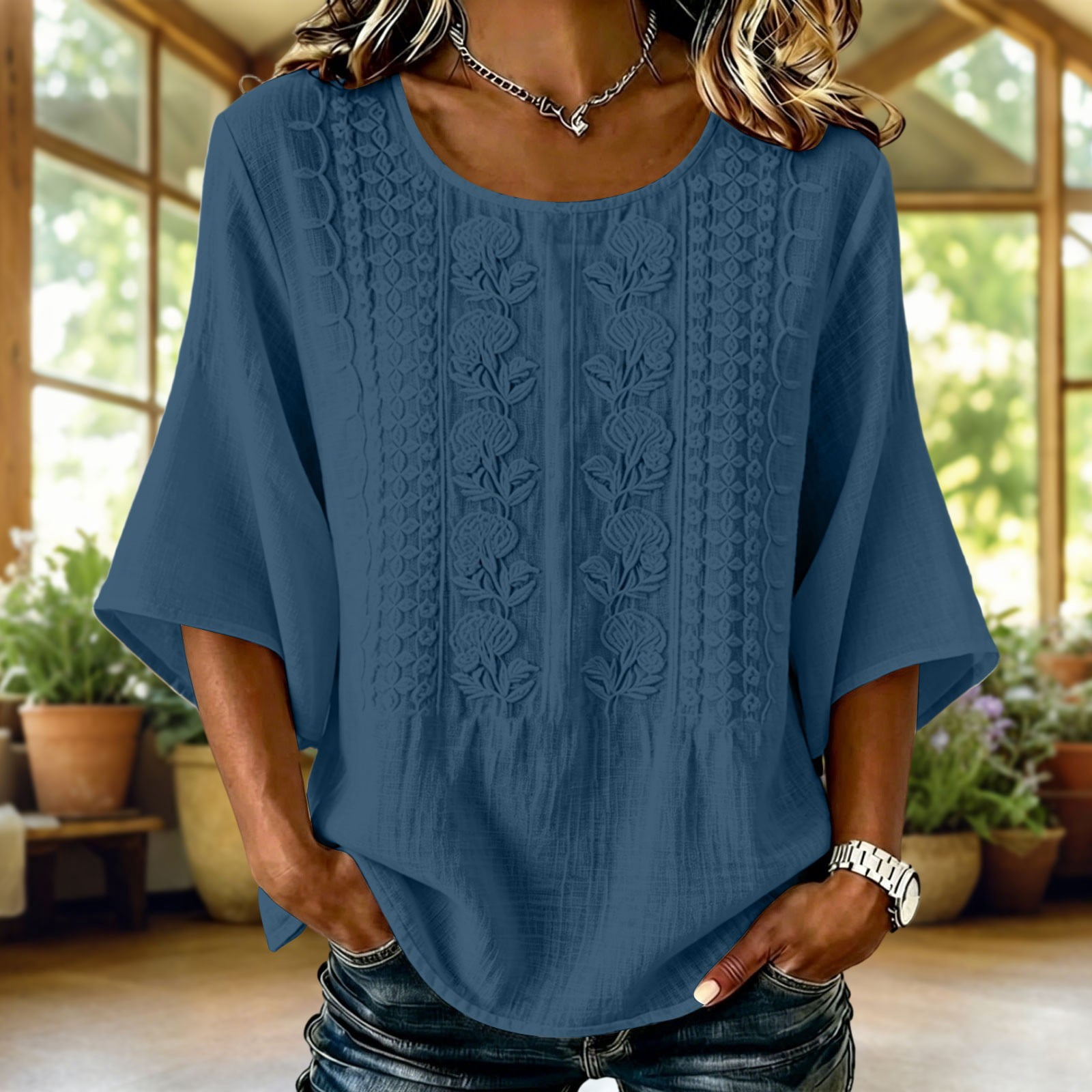 3/4 Length Sleeve Womens Tops Linen Solid Color Crew Neck Embroidered ...