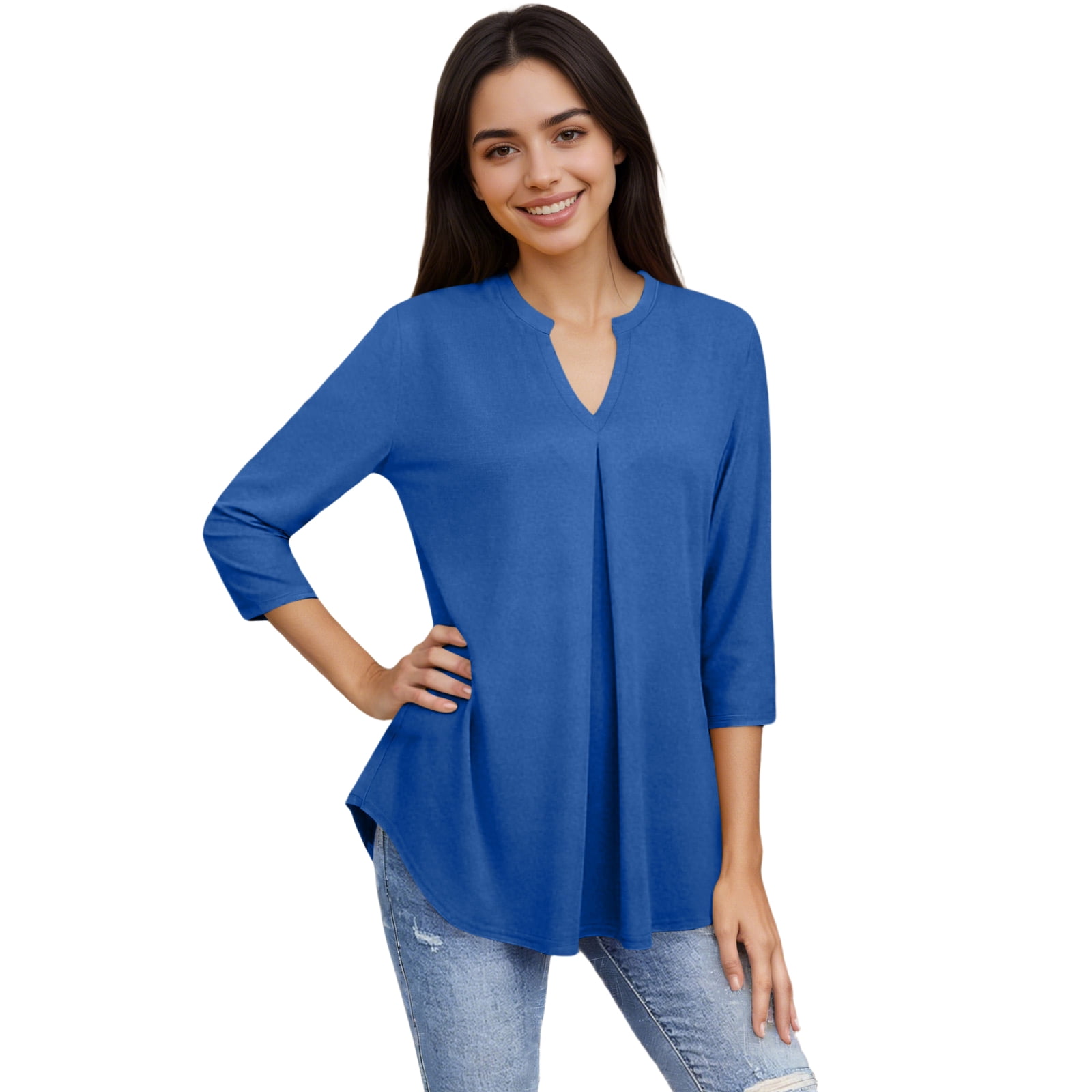 3/4 Length Sleeve Womens Tops Long Blouses Pleated Ruched Dress Shirts ...