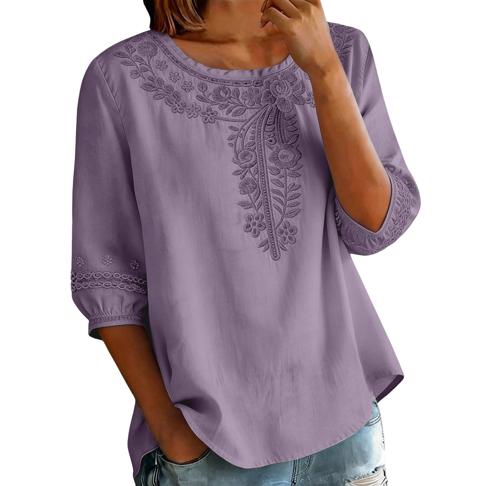3/4 Length Sleeve Womens Tops Loose Button Stand Collar Solid Color ...
