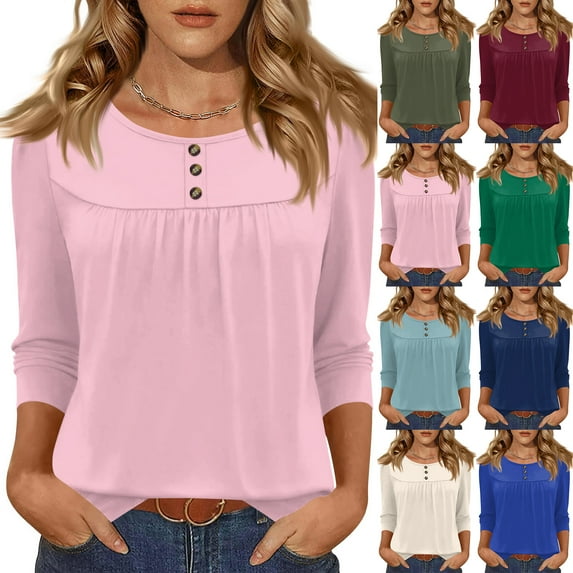 3/4 Length Sleeve Womens Tops Loose Fit Trendy Pleated Lightweight T ...