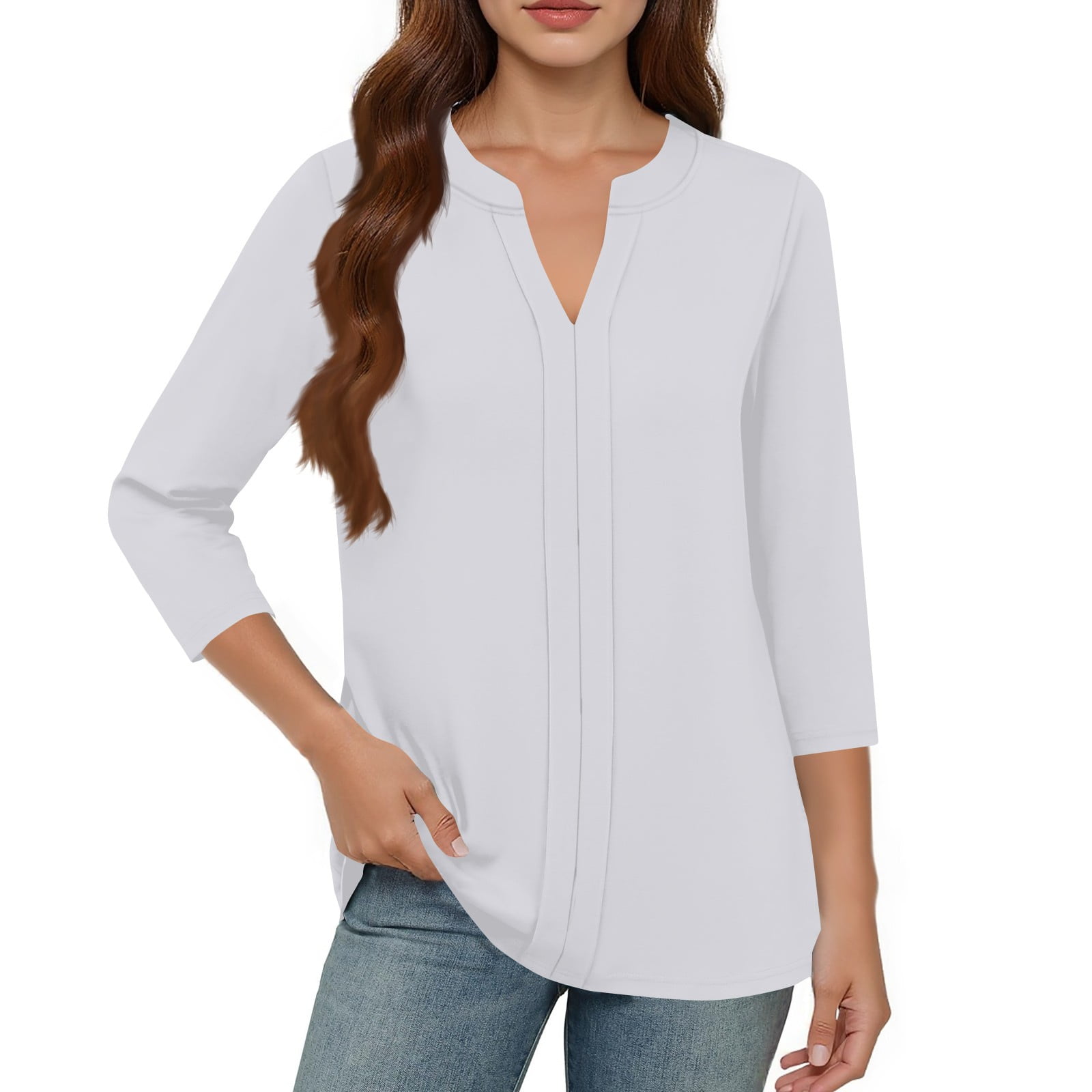 3/4 Length Sleeve Womens Tops Pleated Front V-Neck Business Casual ...