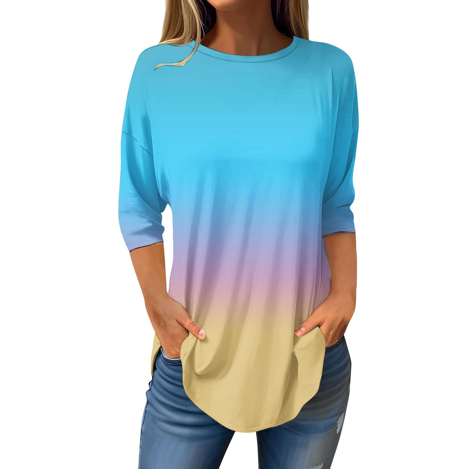 3/4 Length Sleeve Womens Tops Spring Casual Print Crew Neck Ombre T ...