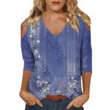3/4 Length Sleeve Womens Tops Spring Casual Print V Neck T Shirts For ...