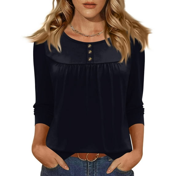 3/4 Length Sleeve Womens Tops Spring Summer Button Scoop Neck Tee ...