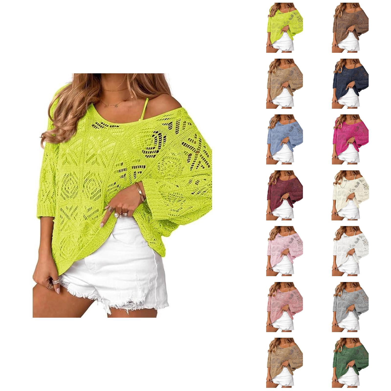 3/4 Length Sleeve Womens Tops Spring Summer Crochet Knit Hollow out ...