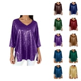 3/4 Length Sleeve Womens Tops Spring Summer Glitter Sequin V Neck ...