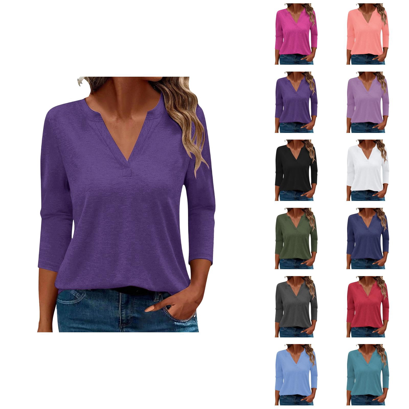 3/4 Length Sleeve Womens Tops Spring Summer V Neck Plain Casual Blouse ...