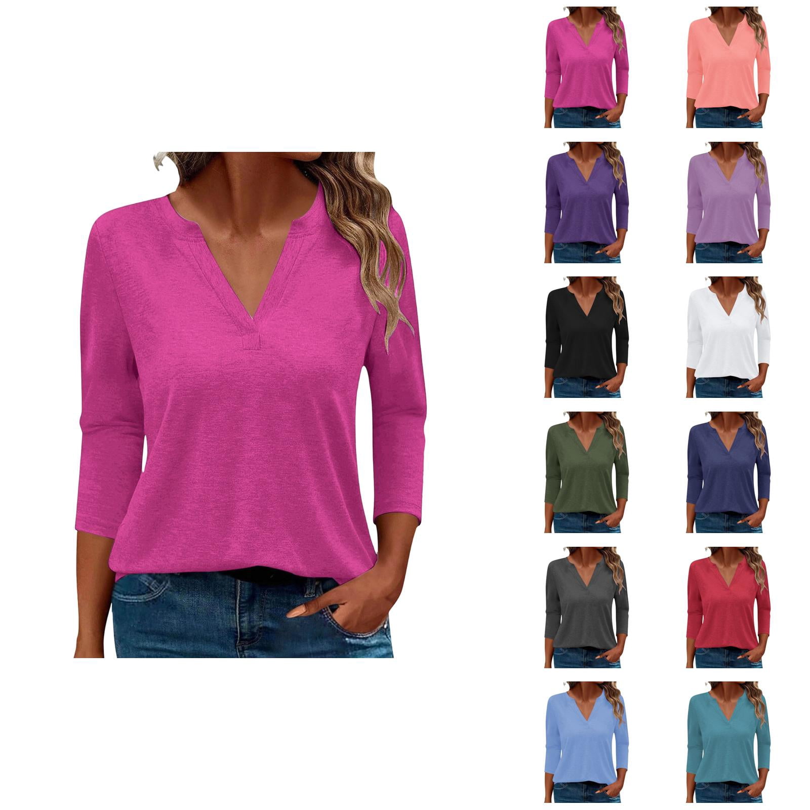 3/4 Length Sleeve Womens Tops Spring Summer V Neck Plain Casual Blouse ...