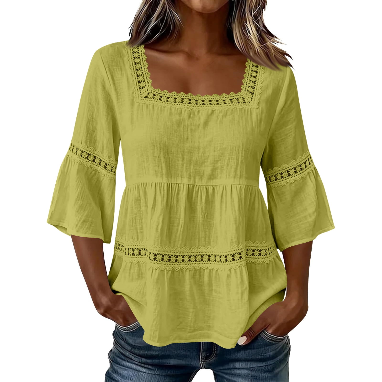 3/4 Length Sleeve Womens Tops Square Neckline Cotton Linen Shirts Lace ...