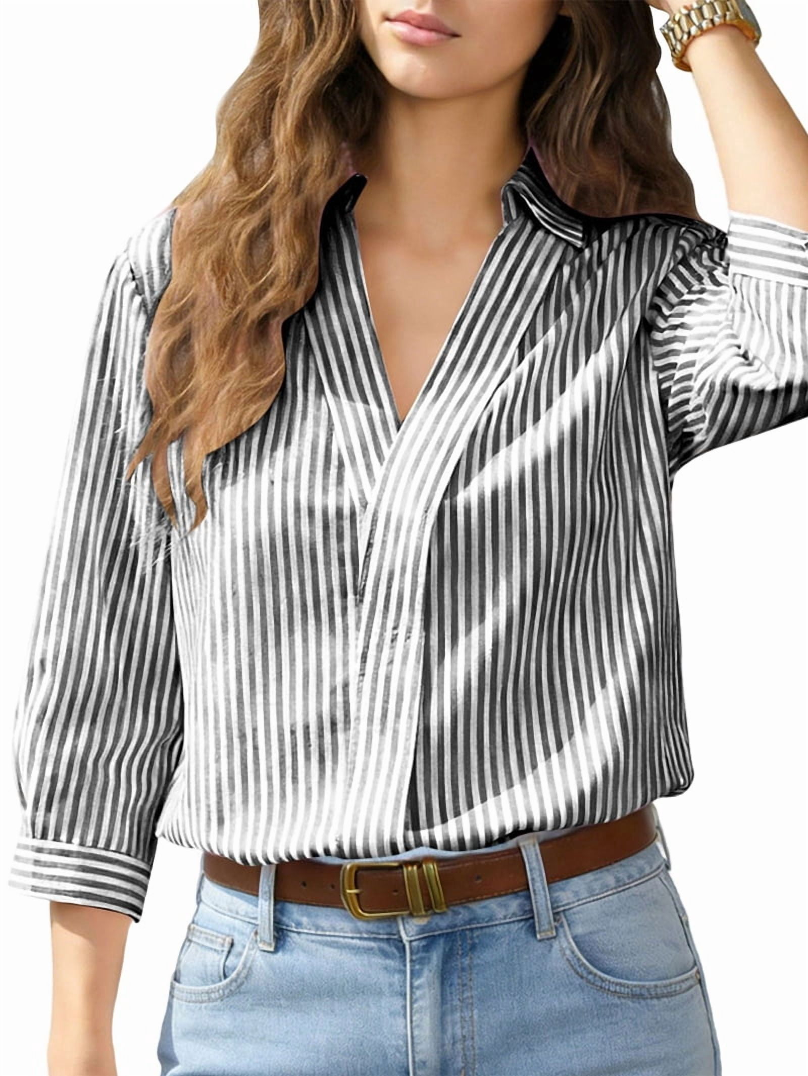 3/4 Length Sleeve Womens Tops Striped Dressy V Neck Collared Shirts ...