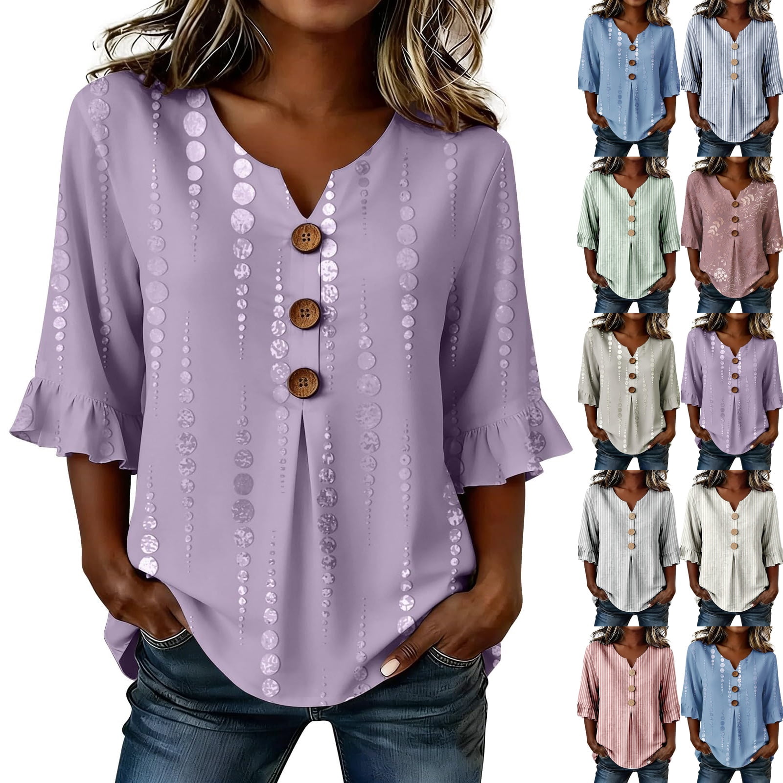3/4 Length Sleeve Womens Tops Striped Notch V Neck Flared Cuff Shirts ...