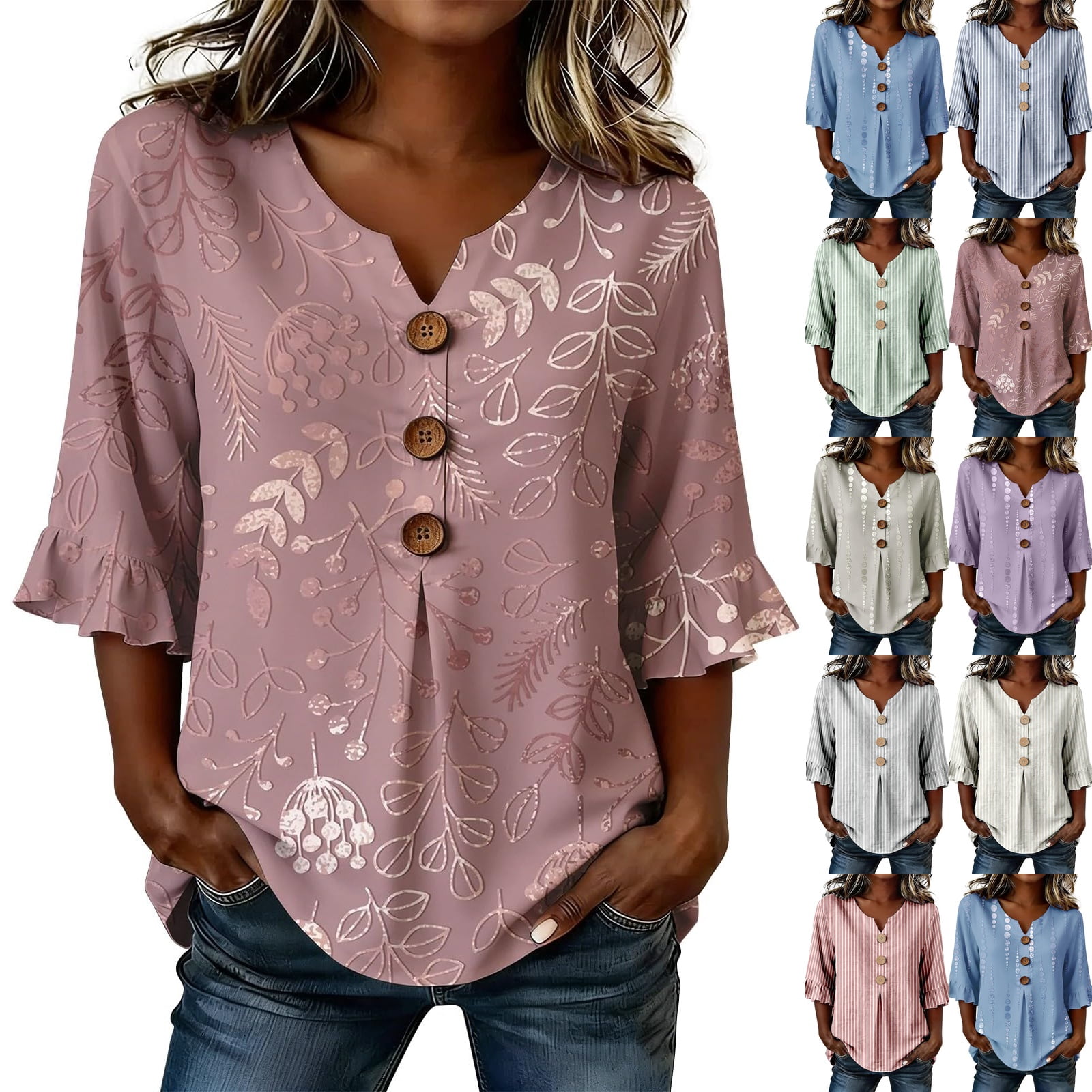 3/4 Length Sleeve Womens Tops Striped Notch V Neck Flared Shirts Casual ...