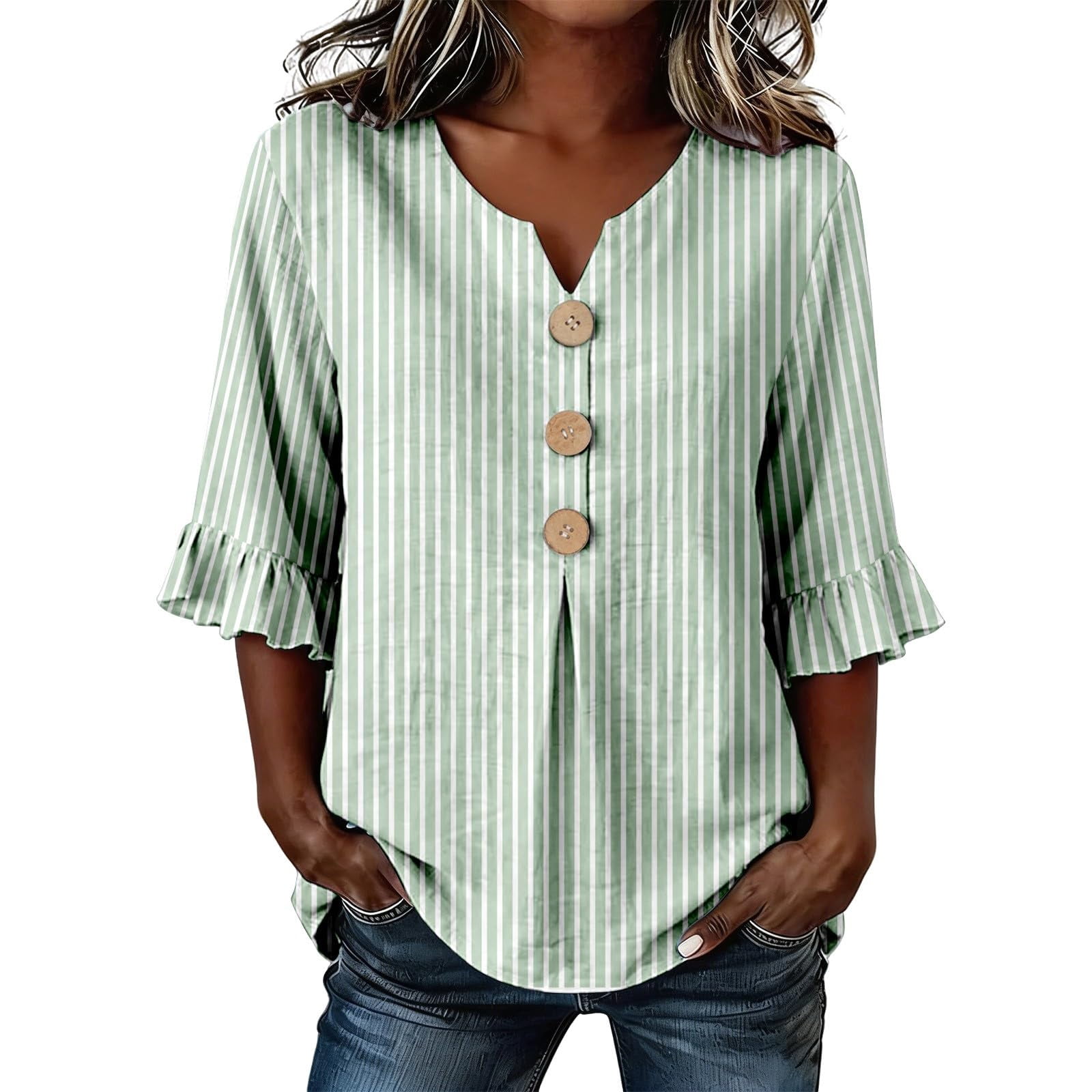 3/4 Length Sleeve Womens Tops Striped Notch V Neck Flared Shirts Casual ...