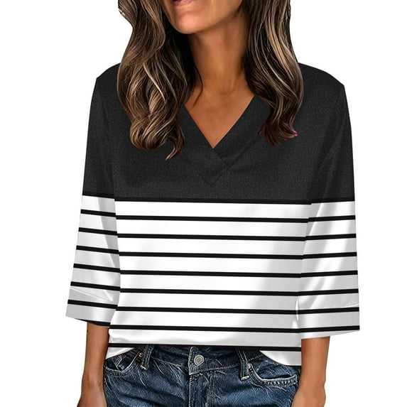 3/4 Length Sleeve Womens Tops Striped Shirts Henley Shirts for Women V ...