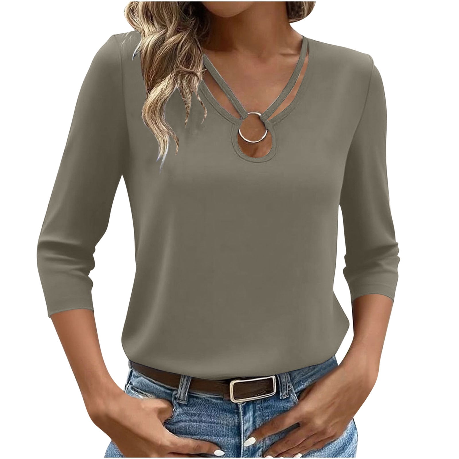 3/4 Length Sleeve Womens Tops Summer Elegant Cut Out Ring Keyhole Neck ...
