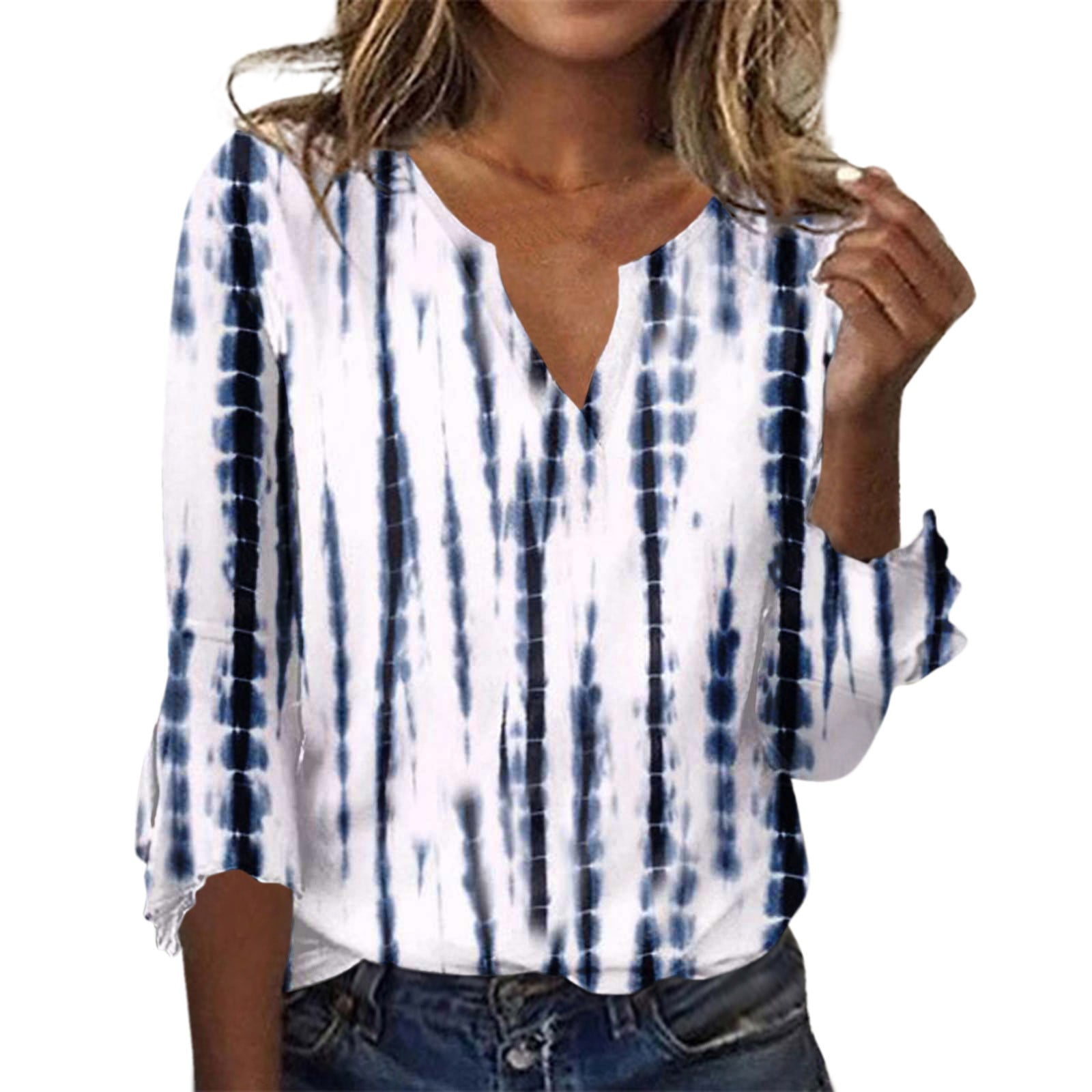 3/4 Length Sleeve Womens Tops Summer Loose V-Neck Eyelet T-Shirts ...