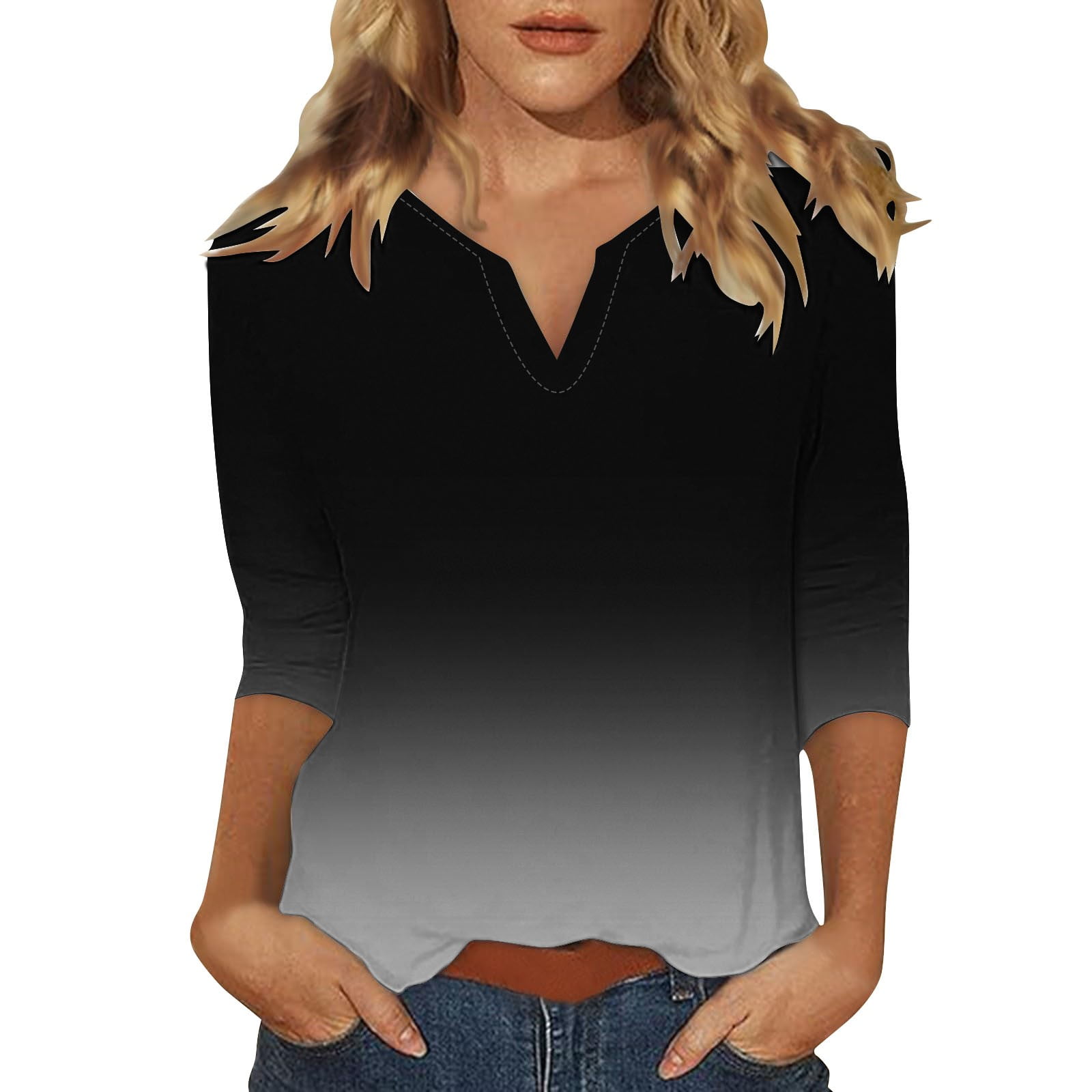 3/4 Length Sleeve Womens Tops Summer Notched Plain Casual Cute V Neck ...