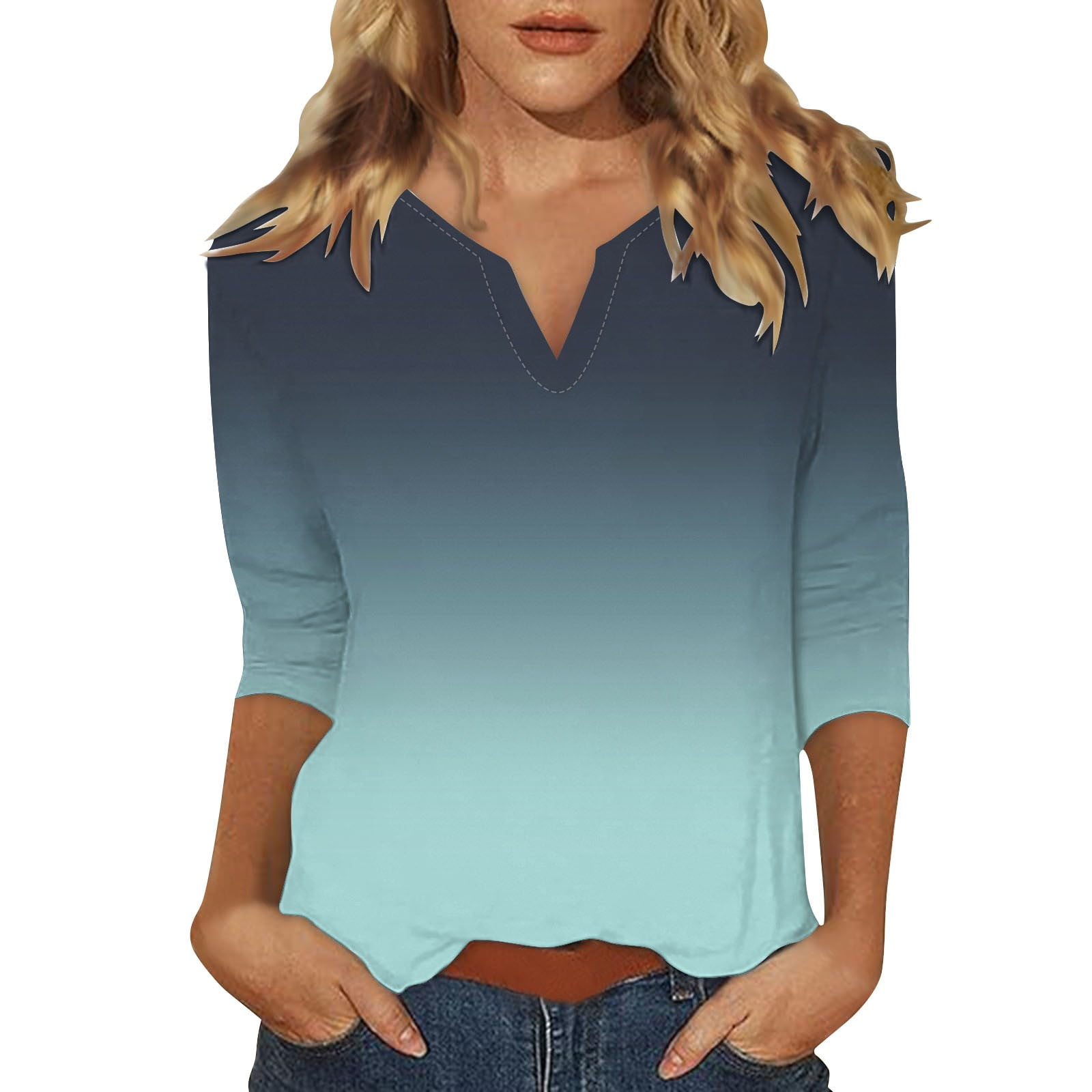 3/4 Length Sleeve Womens Tops Summer Notched Plain Casual Cute V Neck ...
