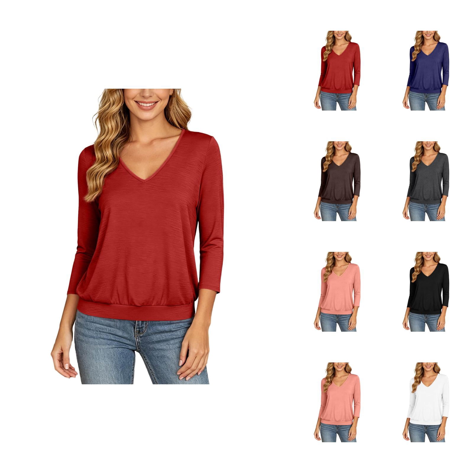 3/4 Length Sleeve Womens Tops V Neck Banded Bottom Blouse Casual Plain ...