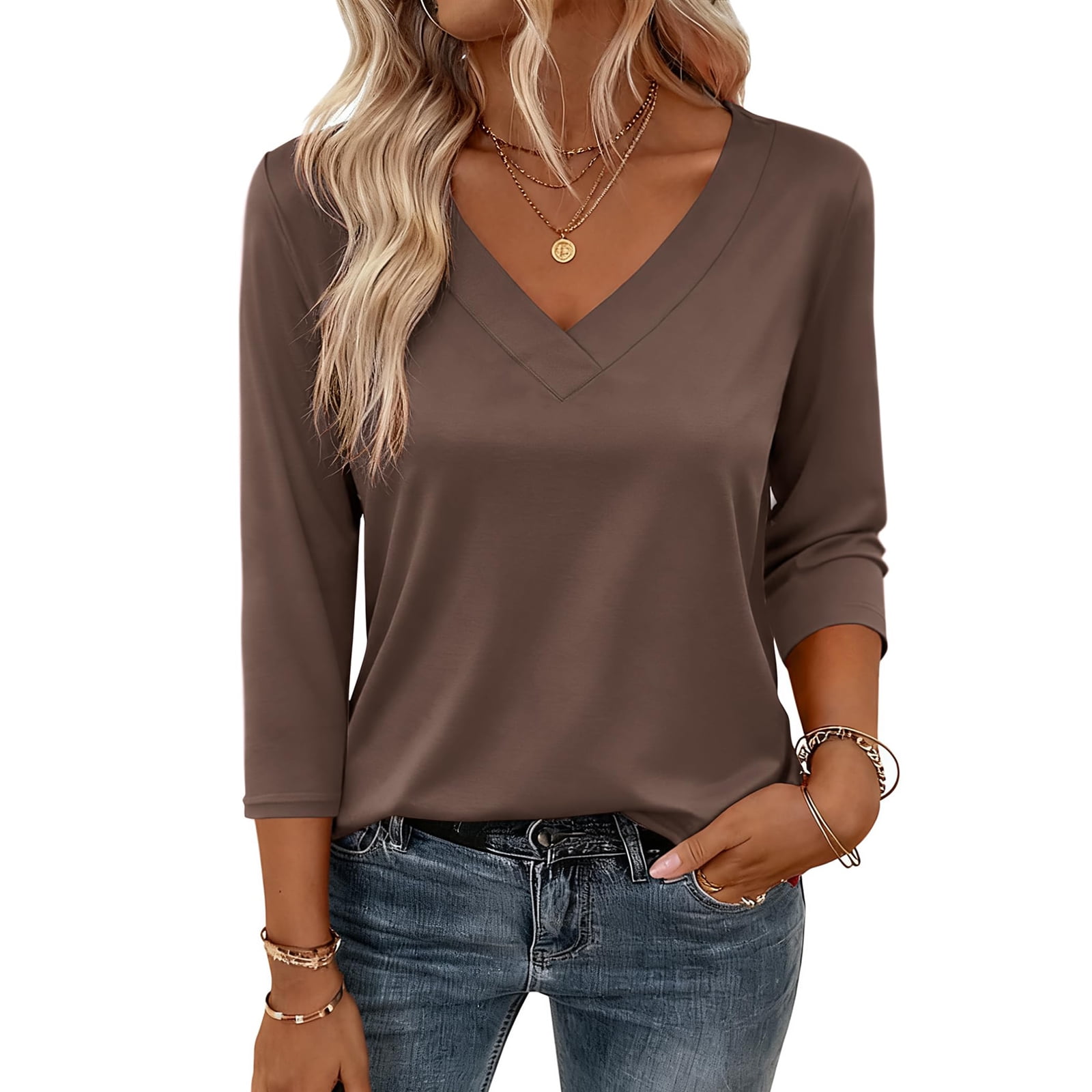 3/4 Length Sleeve Womens Tops V Neck Blouse Banded Bottom Shirts ...